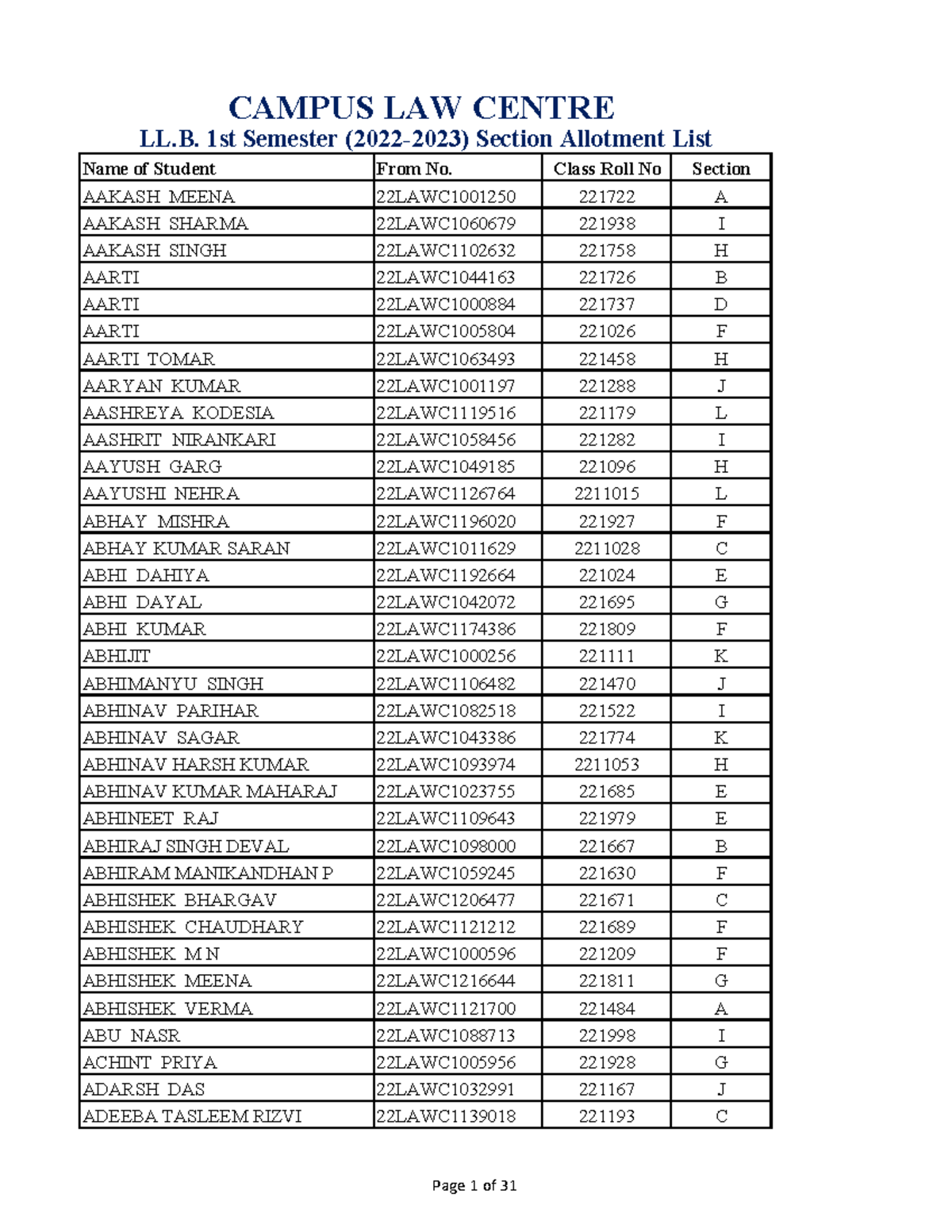 1st-Semester-2022-23-Section-Allocation-List-26-01-23 - Name of Student From No. Class Roll No ...