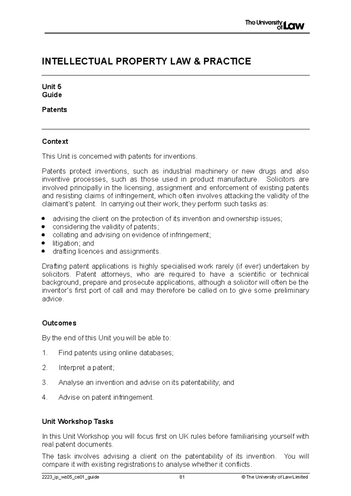 5. Patents - Guide - INTELLECTUAL PROPERTY LAW & PRACTICE Unit 5 Guide ...