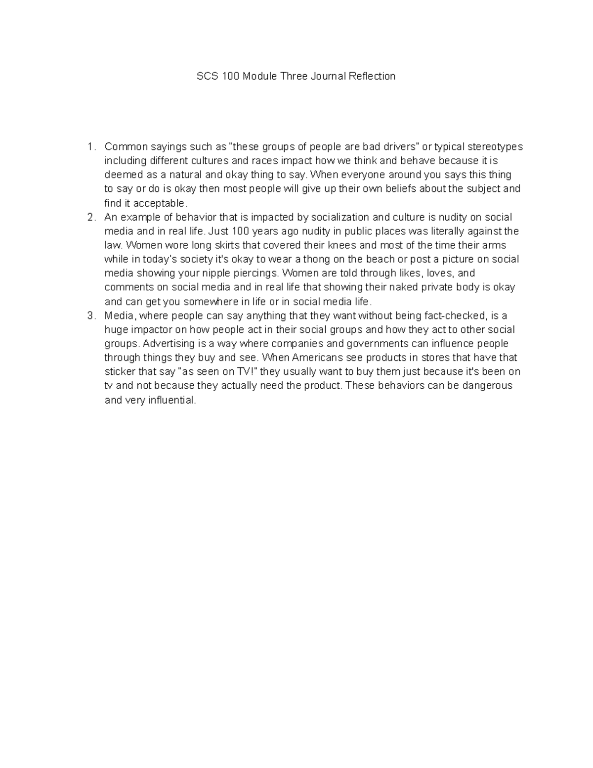 SCS 100 Module Three Journal Reflection - SCS 100 Module Three Journal ...