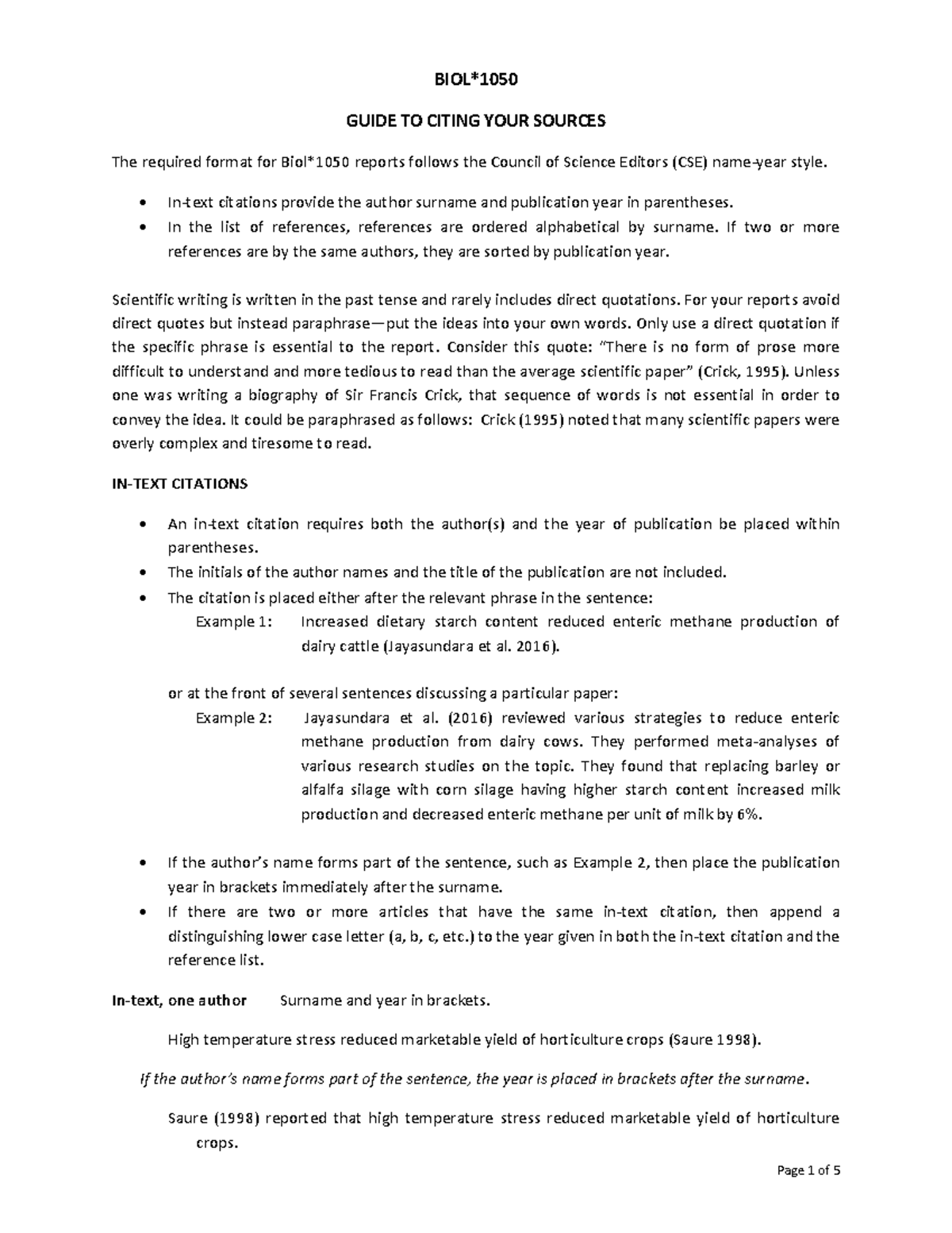 Guide to Citations-Biol1050 - BIOL* GUIDE TO CITING YOUR SOURCES The ...
