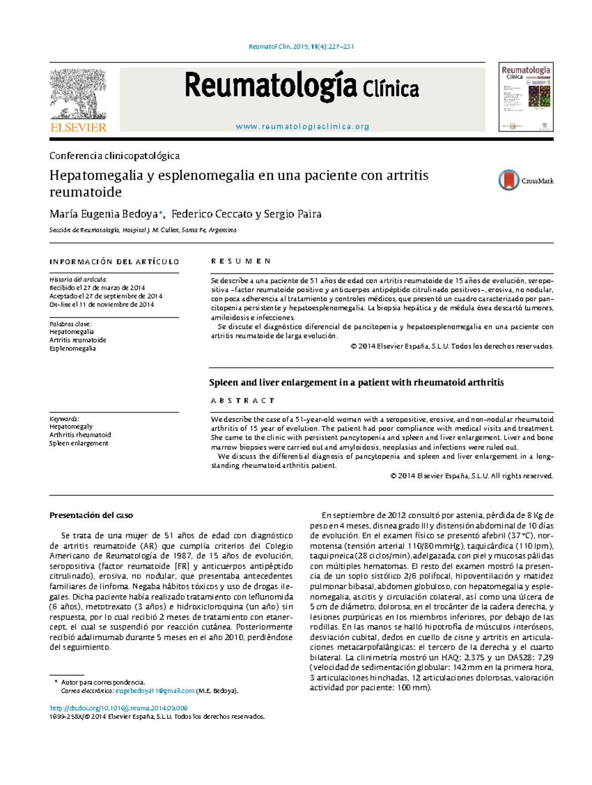 Hepatomegalia y esplenomegalia en una paciente con artritis reumatoide ...