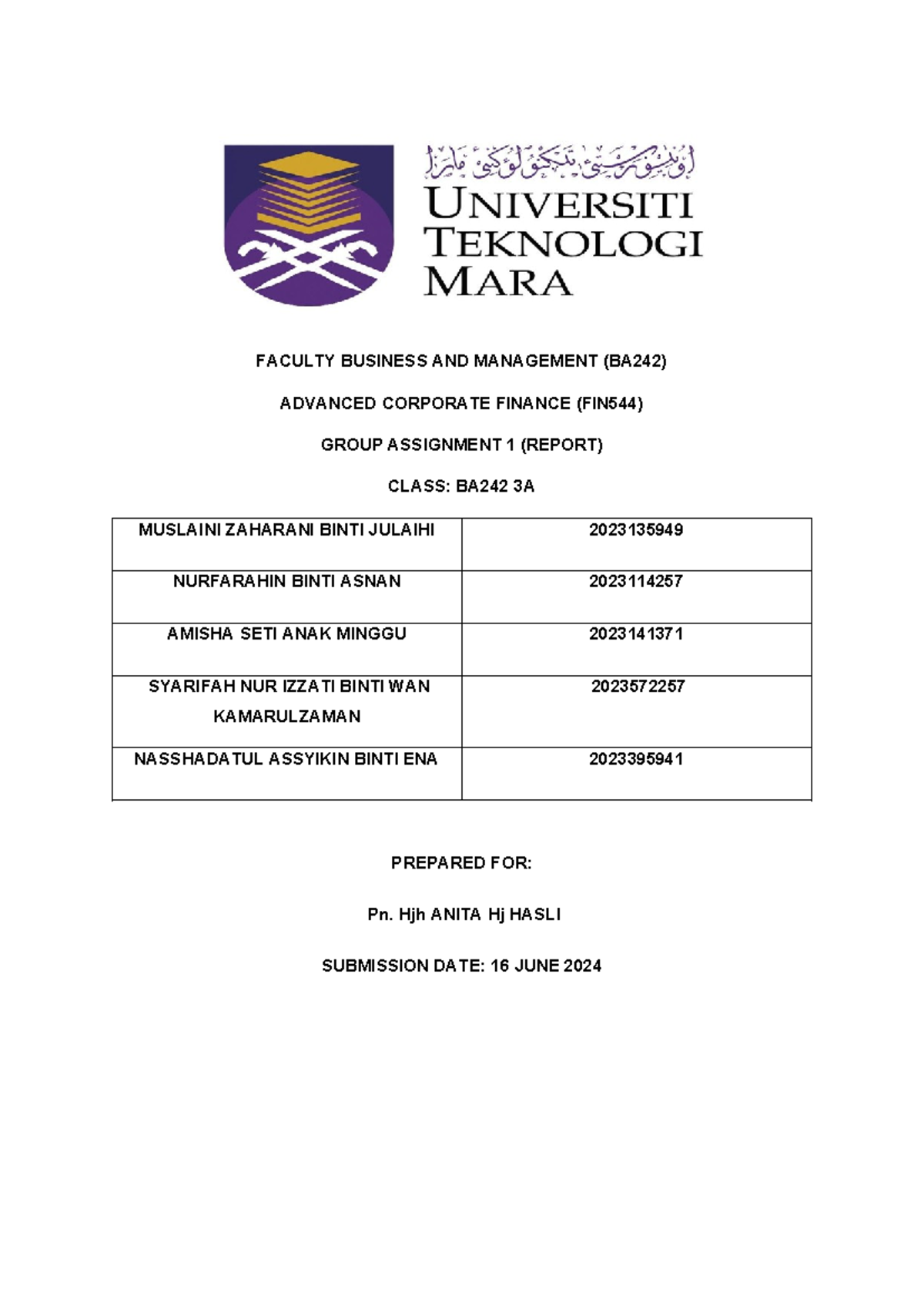 Group Assignment FIN544 Report - FACULTY BUSINESS AND MANAGEMENT (BA242 ...