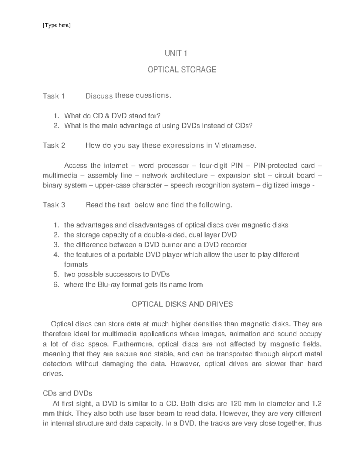 UNIT 1 - 4 IT2 - sdfghj - UNIT 1 OPTICAL STORAGE Task 1 Discuss these ...