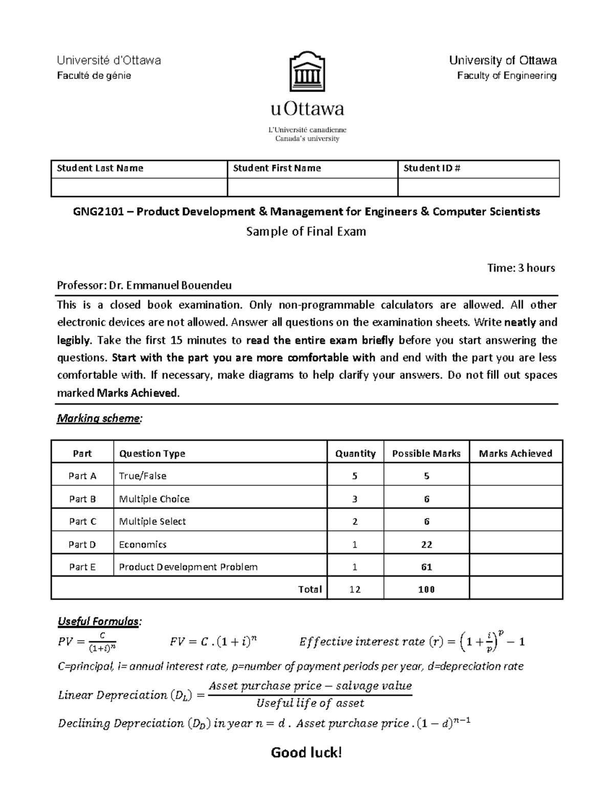 Final Exam Sample - Université d’Ottawa Faculté de génie University of ...