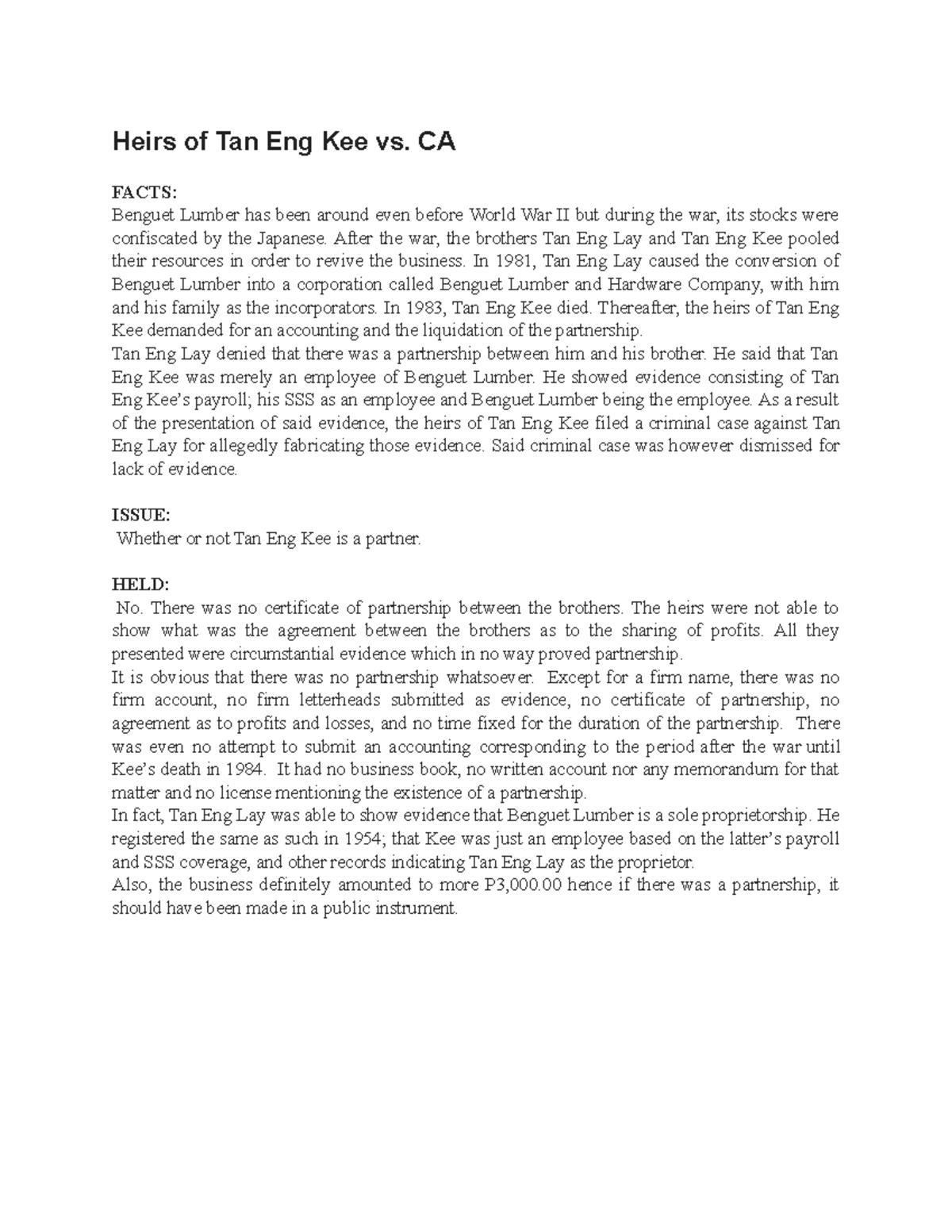 Lirio - case digest - Heirs of Tan Eng Kee vs. CA FACTS: Benguet Lumber ...