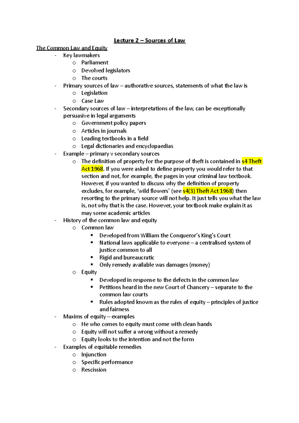 Lecture 2 - Sources of Law - Lecture 2 – Sources of Law The Common Law ...