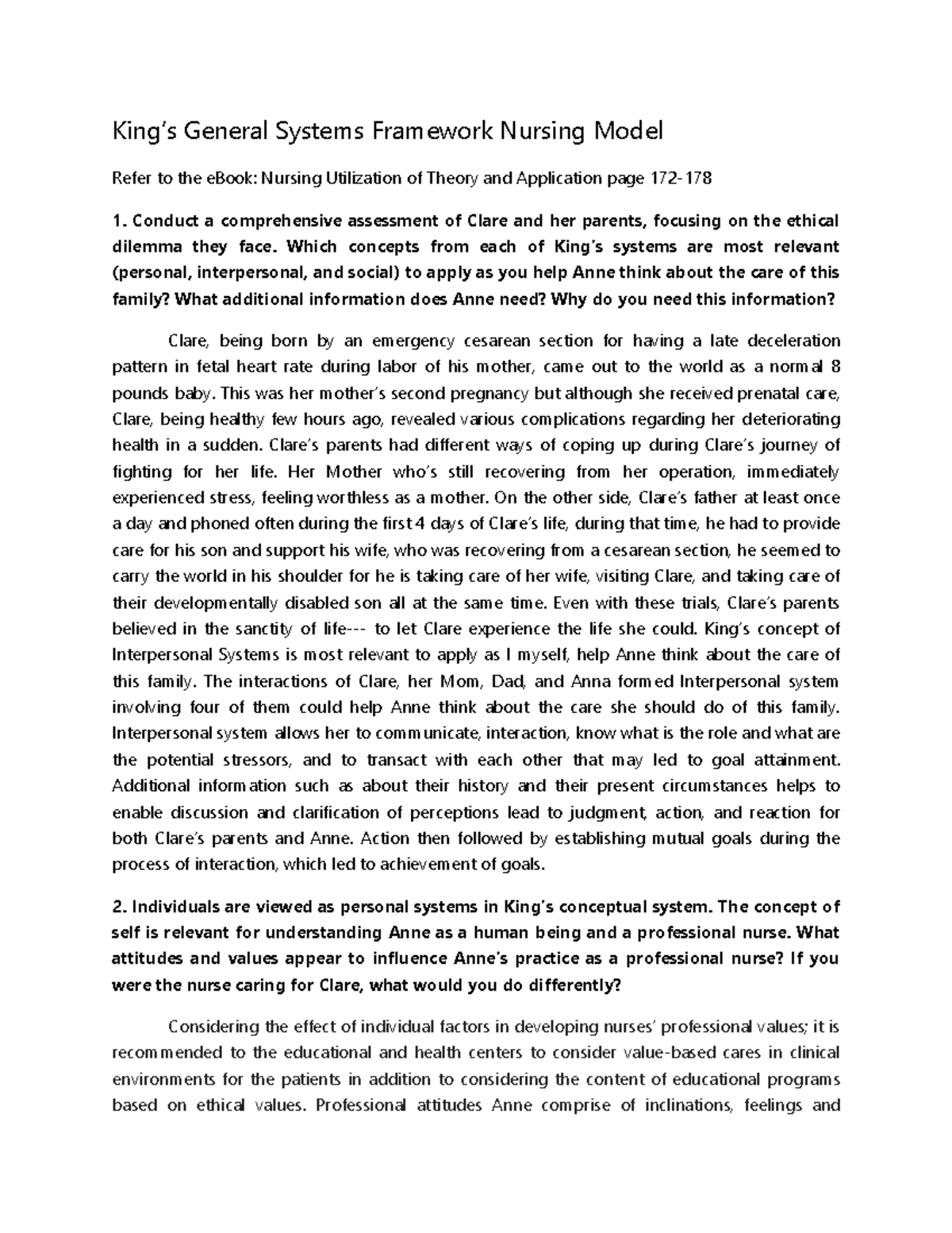 Essay for King - King’s General Systems Framework Nursing Model Refer ...