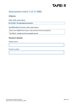 Chcccs 004 AE Sk3of4 - Assessment event 3 of 4: Skills Criteria Unit ...