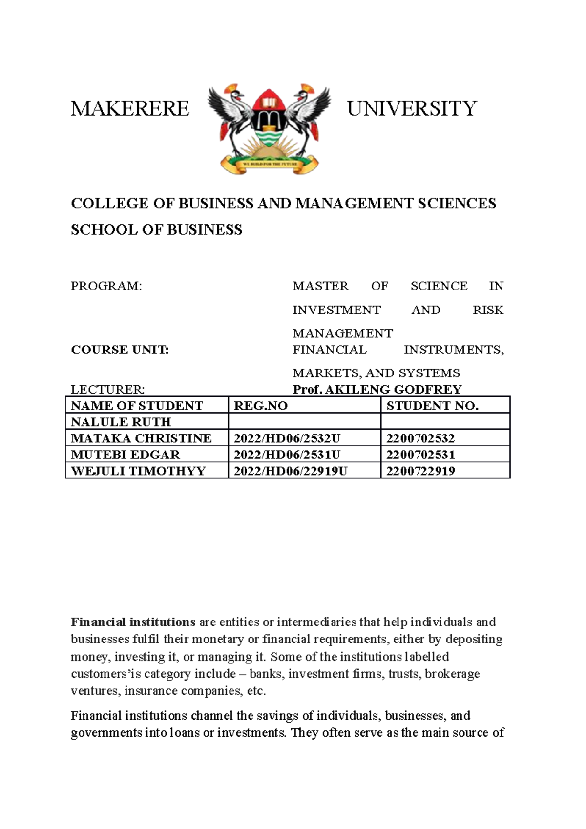 Financial instituions assigment - MAKERERE UNIVERSITY COLLEGE OF ...