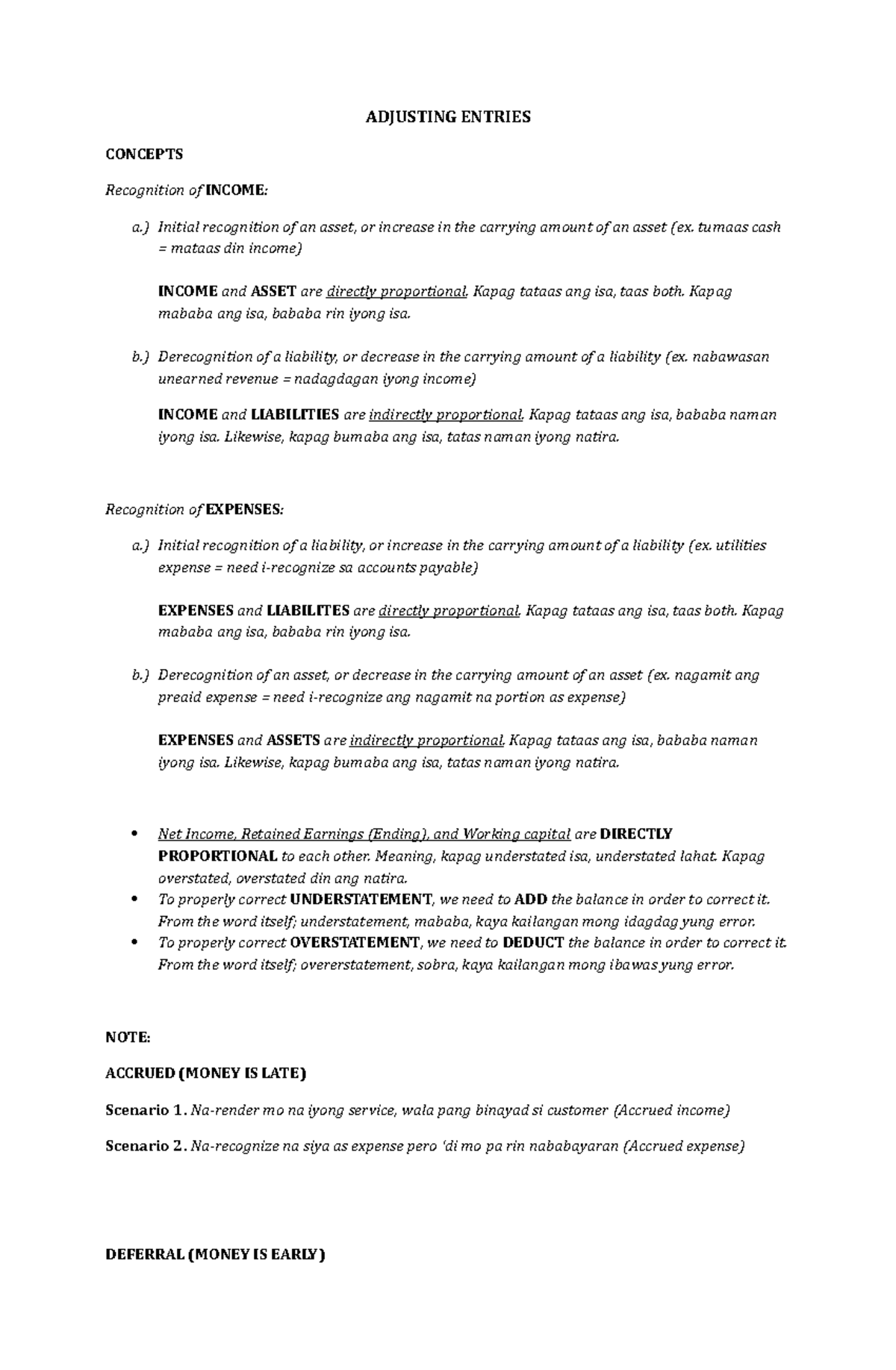 Adjusting Entries Summary - ADJUSTING ENTRIES CONCEPTS Recognition of ...