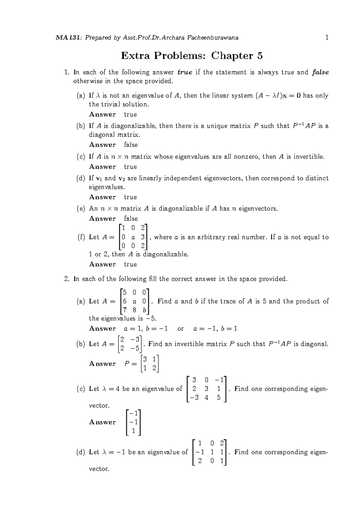 linear algebra notes - Extra Problems: Chapter 5 In each of the ...