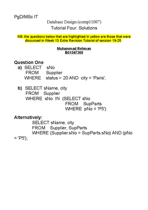 (JF) Tutorial 3 ER to Rel Mapping(B01597368) - PgD/MSc IT Database Design Tutorial Three ...