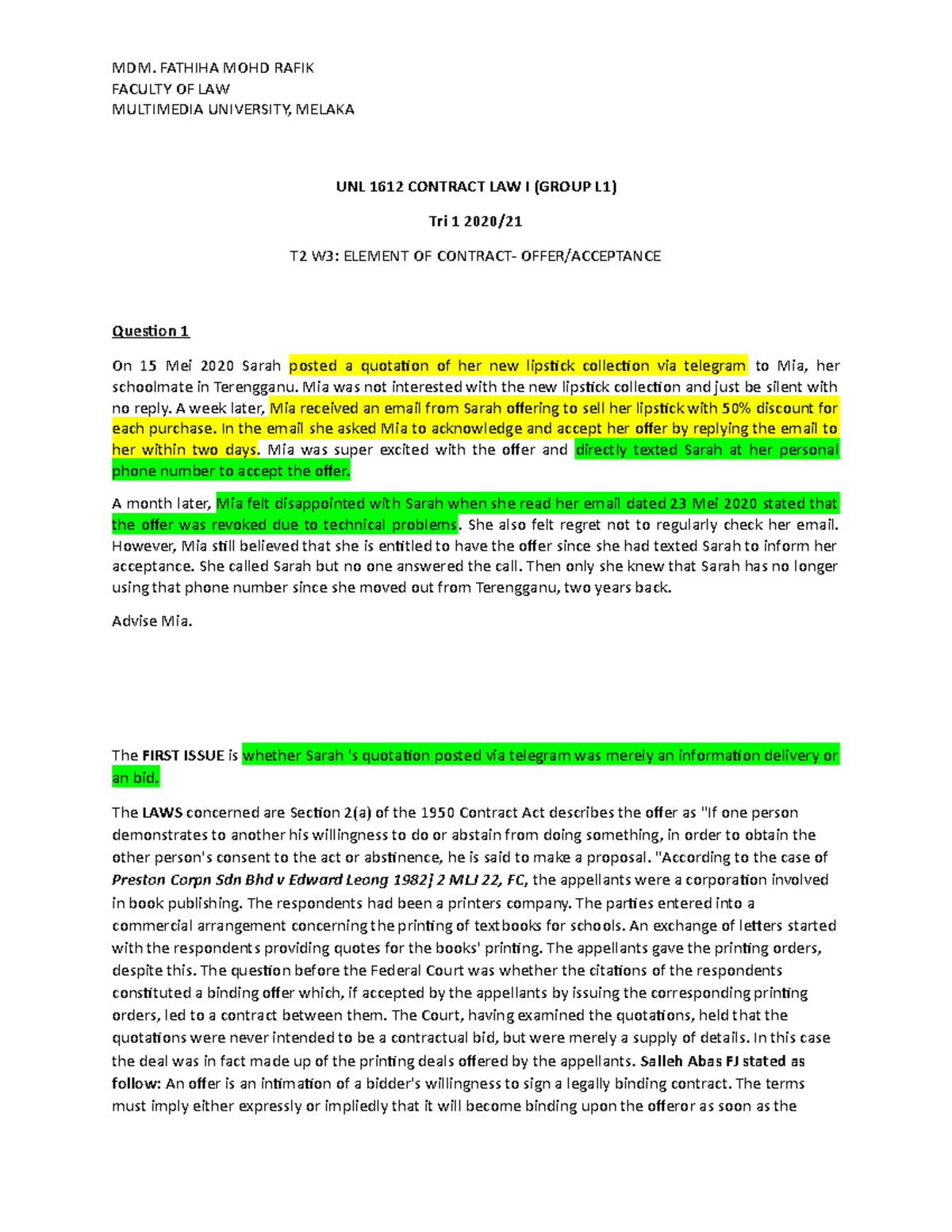 Tutorial 2 W3- Contractlaw 1 - FACULTY OF LAW MULTIMEDIA UNIVERSITY, MELAKA UNL 1612 CONTRACT ...