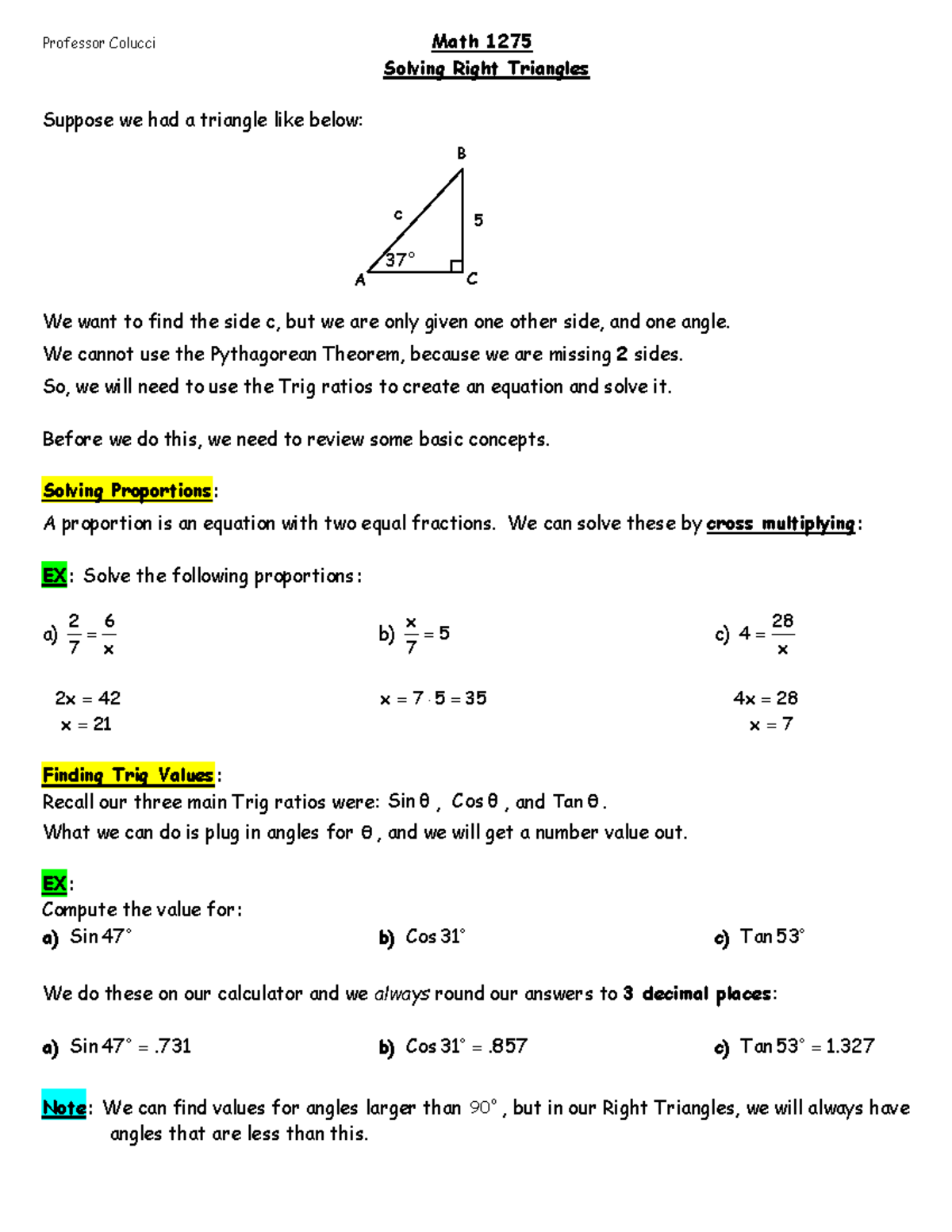 Lesson27 (Solve Triangles) - Professor Colucci Math 1275 Solving Right ...