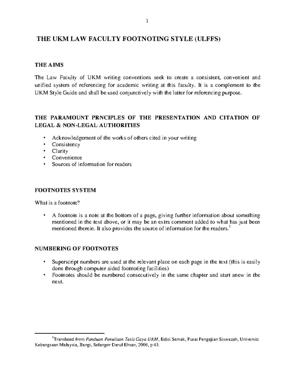 Footnoting Faculty OF LAW Style Ulffs - THE UKM LAW FACULTY FOOTNOTING ...