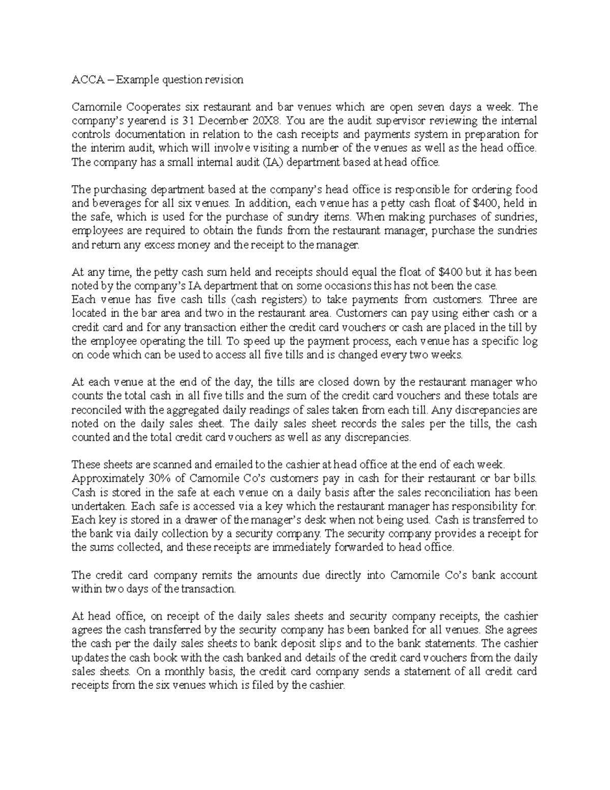 Audit Case Study Exercise - ACCA – Example question revision Camomile ...