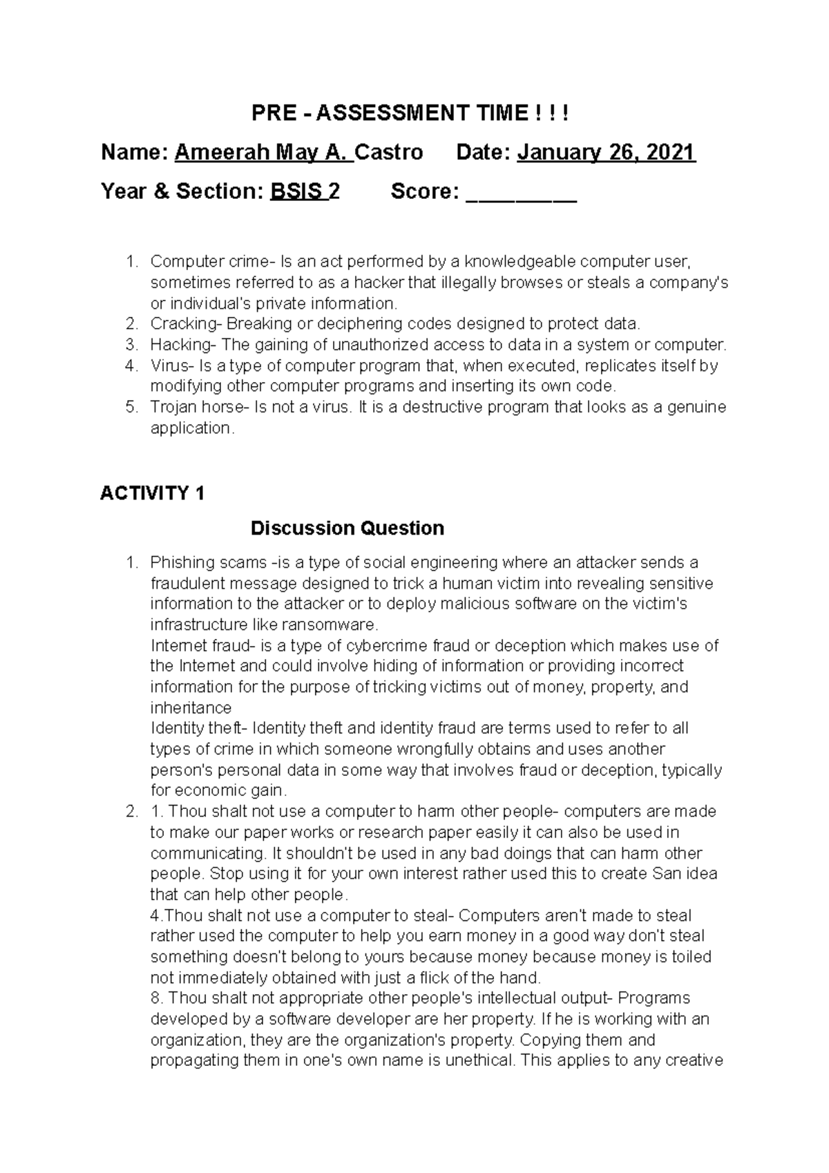 SPC 101 Module 6 - PRE - ASSESSMENT TIME!!! Name: Ameerah May A. Castro ...