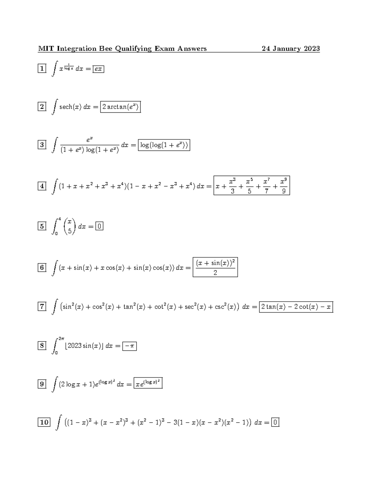 Qualifying round 2023 answers - MIT Integration Bee Qualifying Exam ...