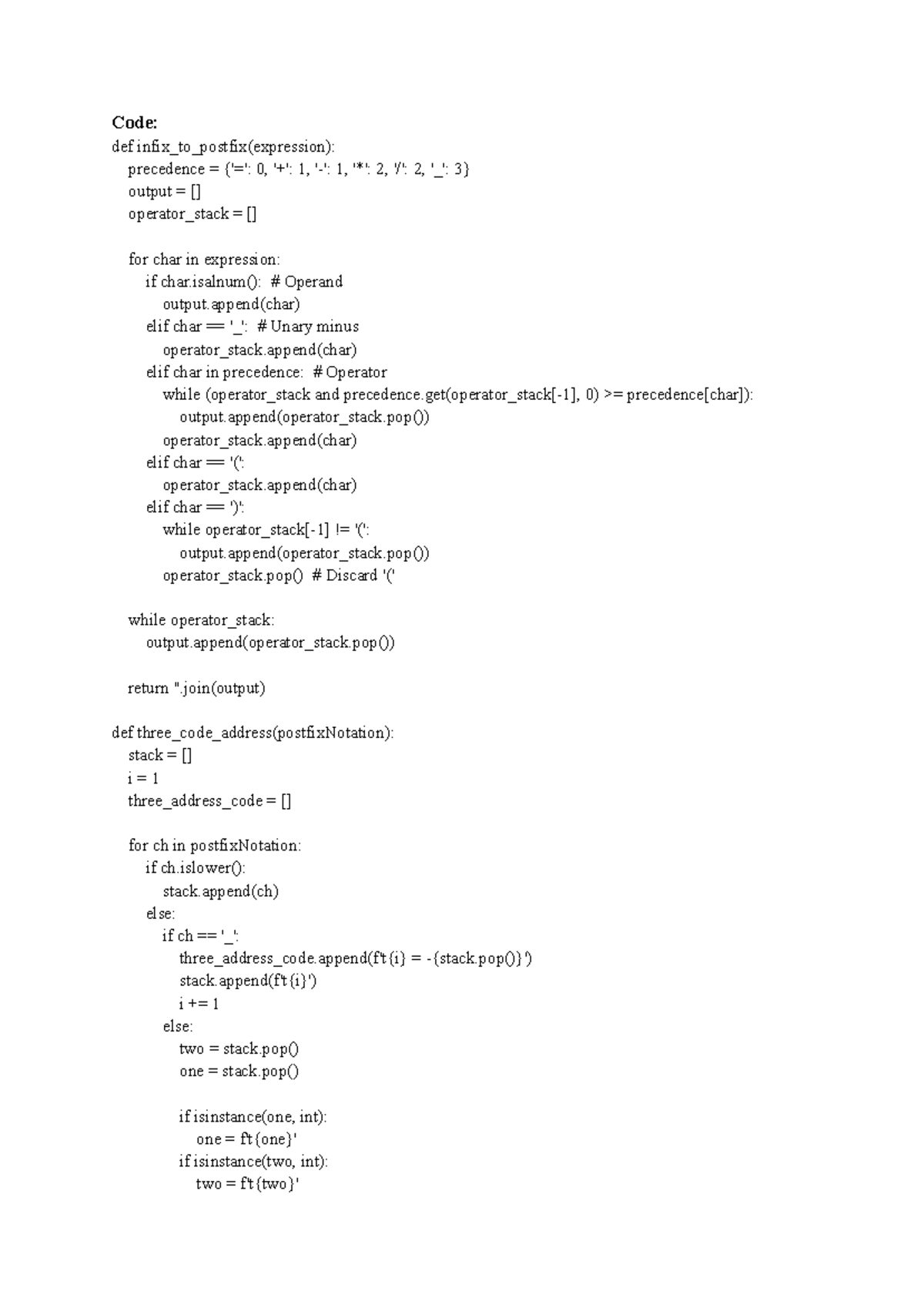 Nishita SPCC Exp 5 Outputs - Code: def infix_to_postfix(expression): precedence = {'=': 0 ...