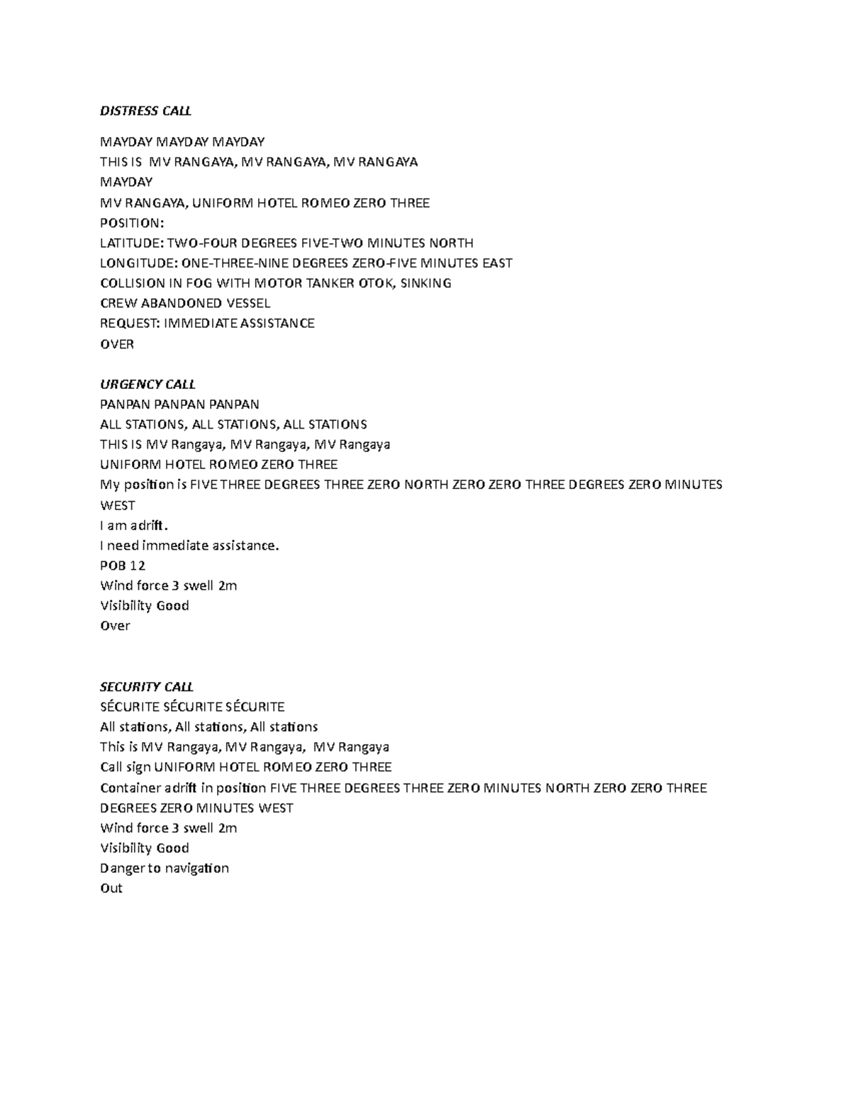 CALL SIGN Assignment - Rangaya, Usama H. - DISTRESS CALL MAYDAY MAYDAY ...