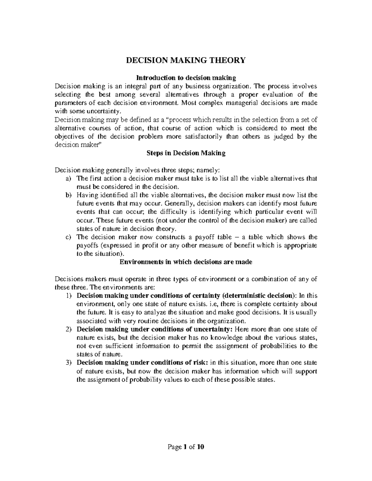 Decision Theory - N/A - DECISION MAKING THEORY Introduction to decision ...