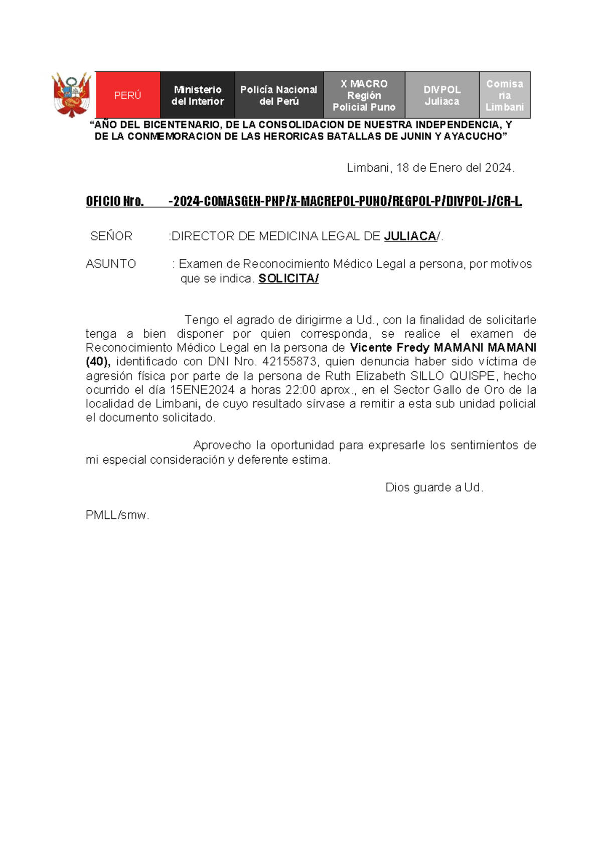 Oficio RECONOCIMIEMTO MEDICO LEGAL - PERÚ Ministerio del Interior ...