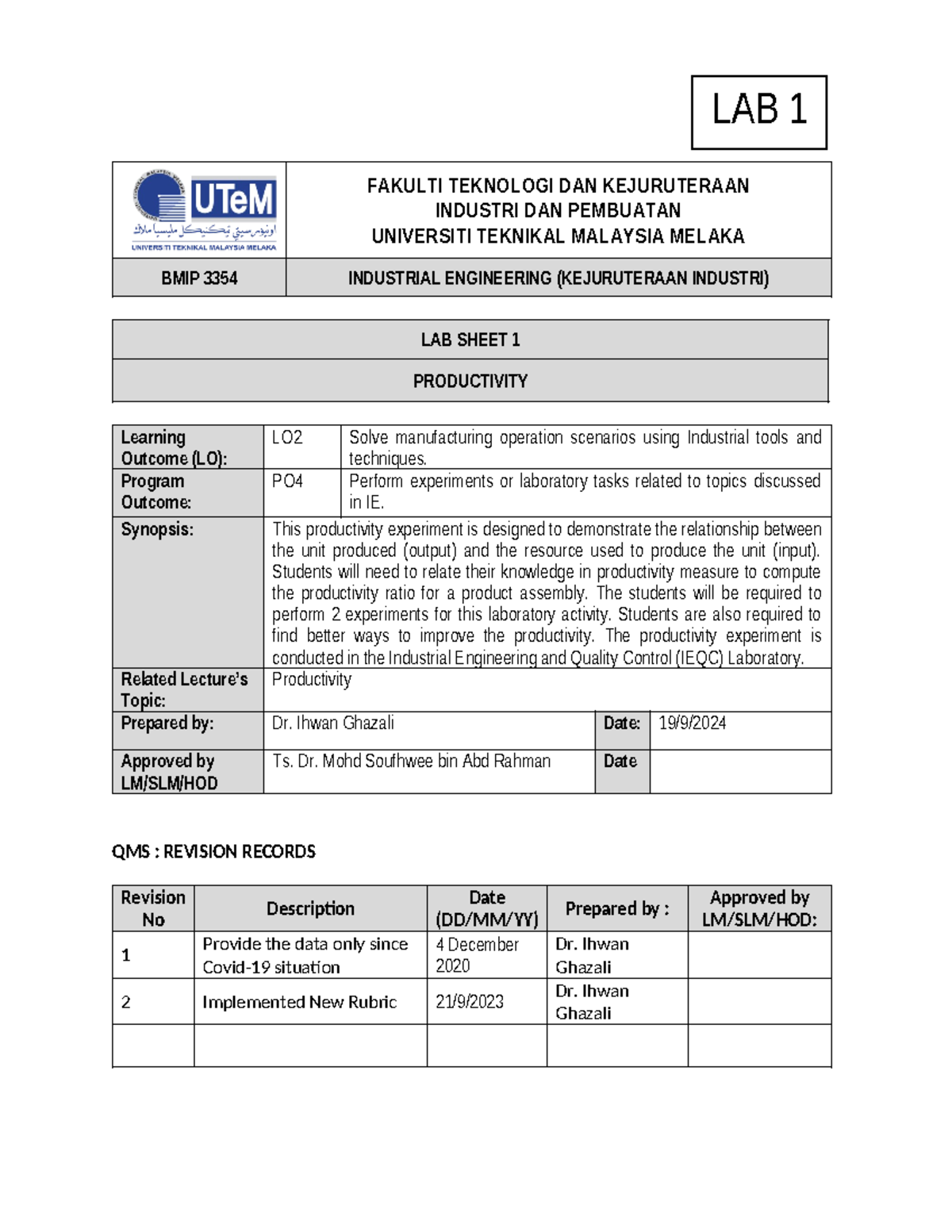 Labsheet 1 Eng Industry - FAKULTI TEKNOLOGI DAN KEJURUTERAAN INDUSTRI DAN PEMBUATAN UNIVERSITI ...