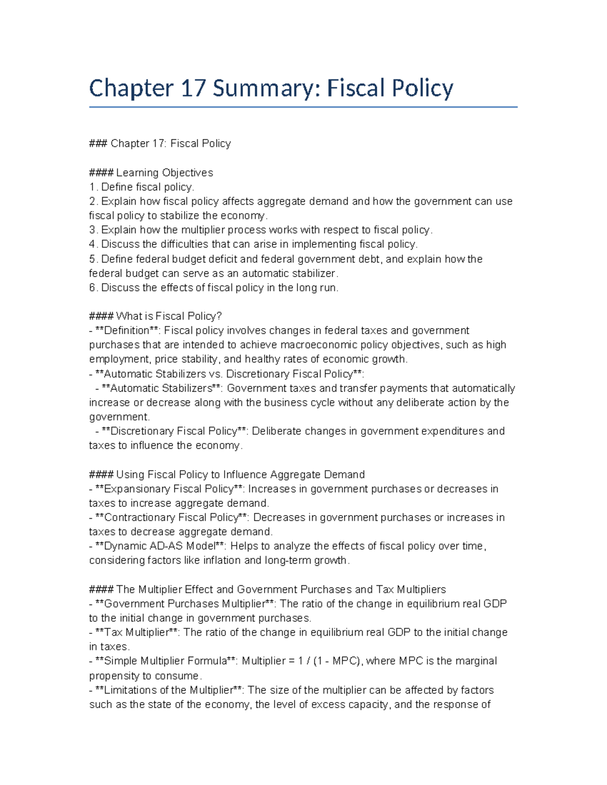 Chapter 17 Summary - Chapter 17 Summary: Fiscal Policy ### Chapter 17 ...