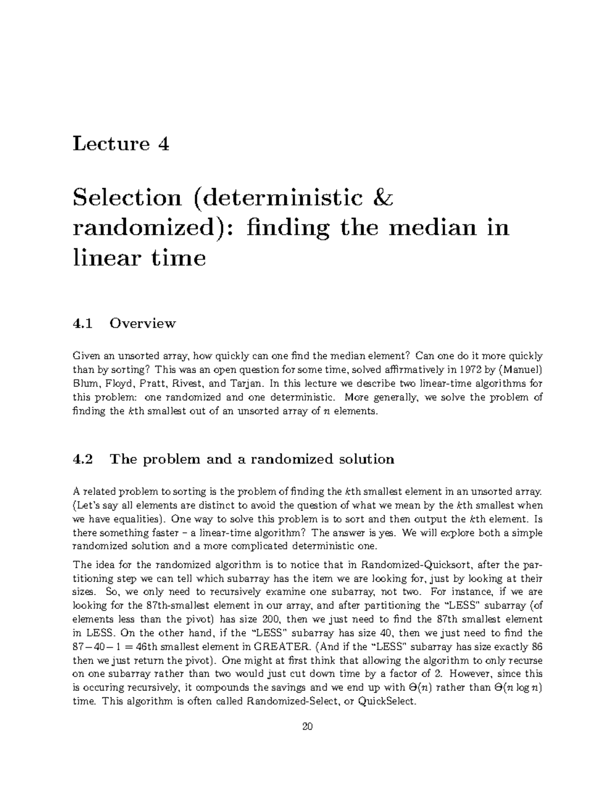 Lect0908 - Lecture notes 4 - Lecture 4 Selection (deterministic ...