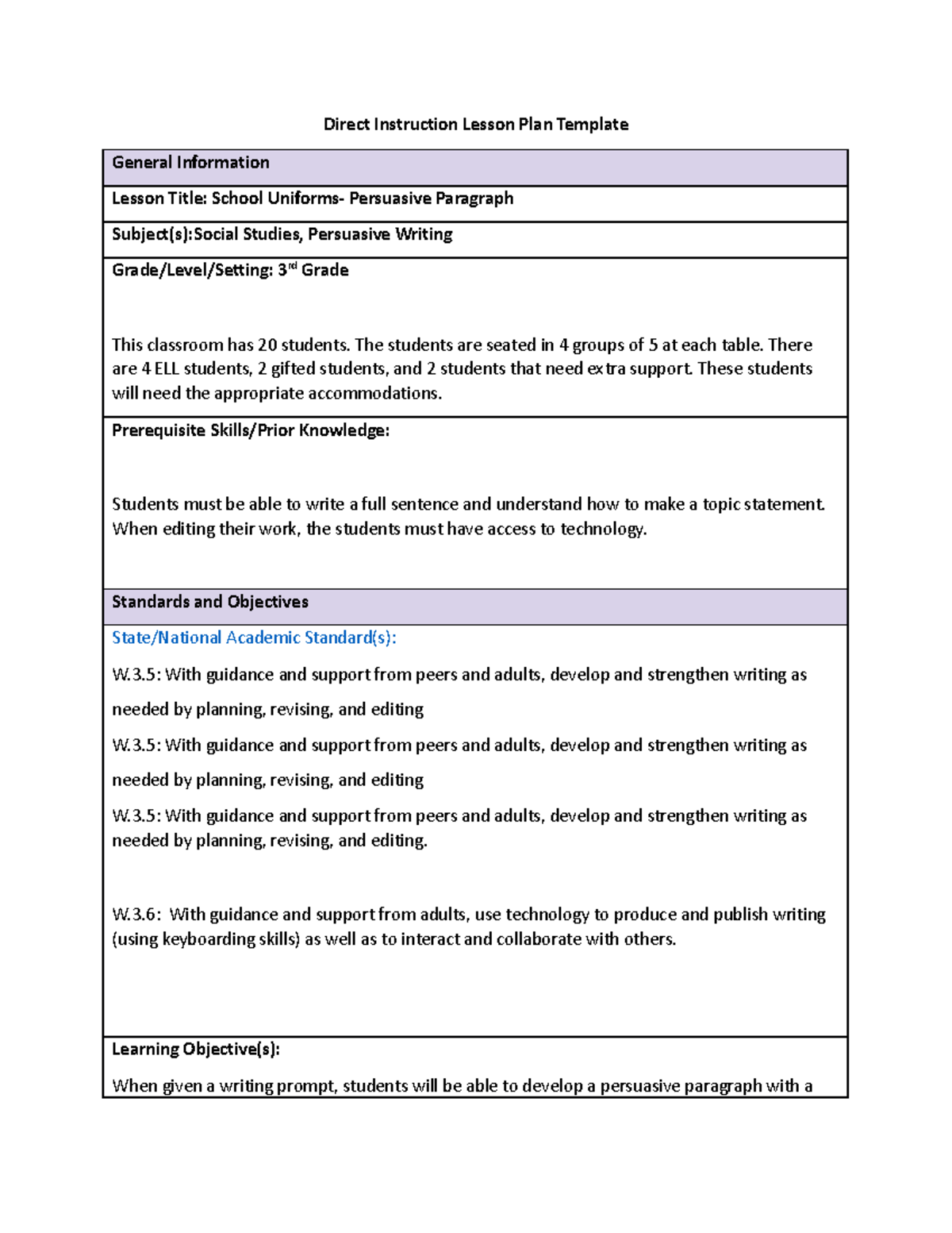 C380KFunk Lesson Plan - Direct Instruction Lesson Plan Template General ...
