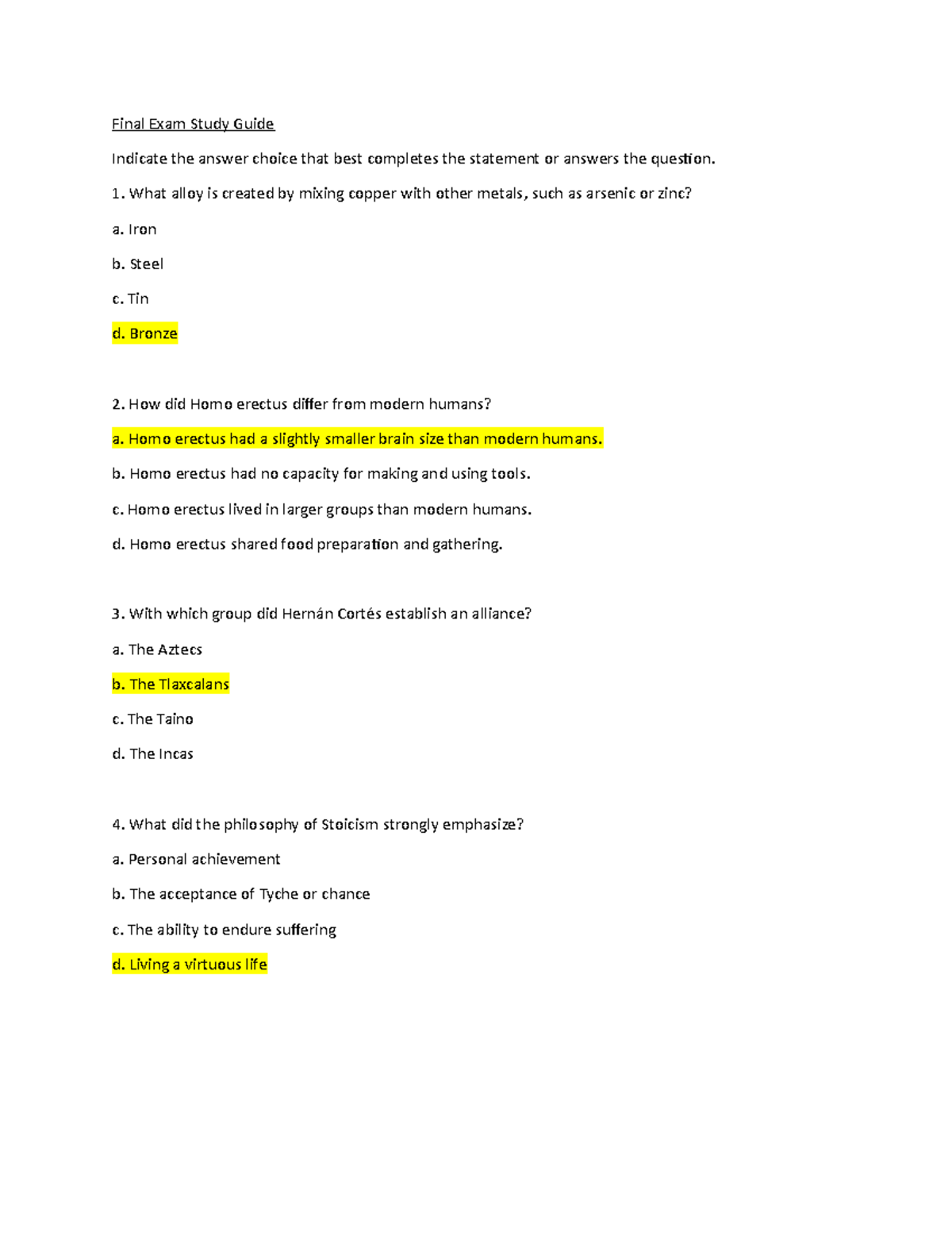 Final Exam Study Guide - Final Exam Study Guide Indicate the answer ...