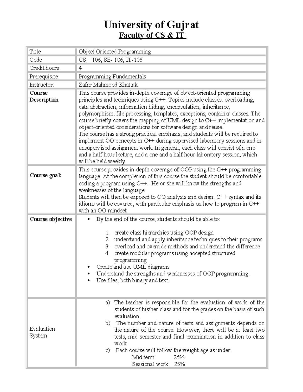 Discret structure - University of Gujrat Faculty of CS & IT Title Object Oriented Programming ...