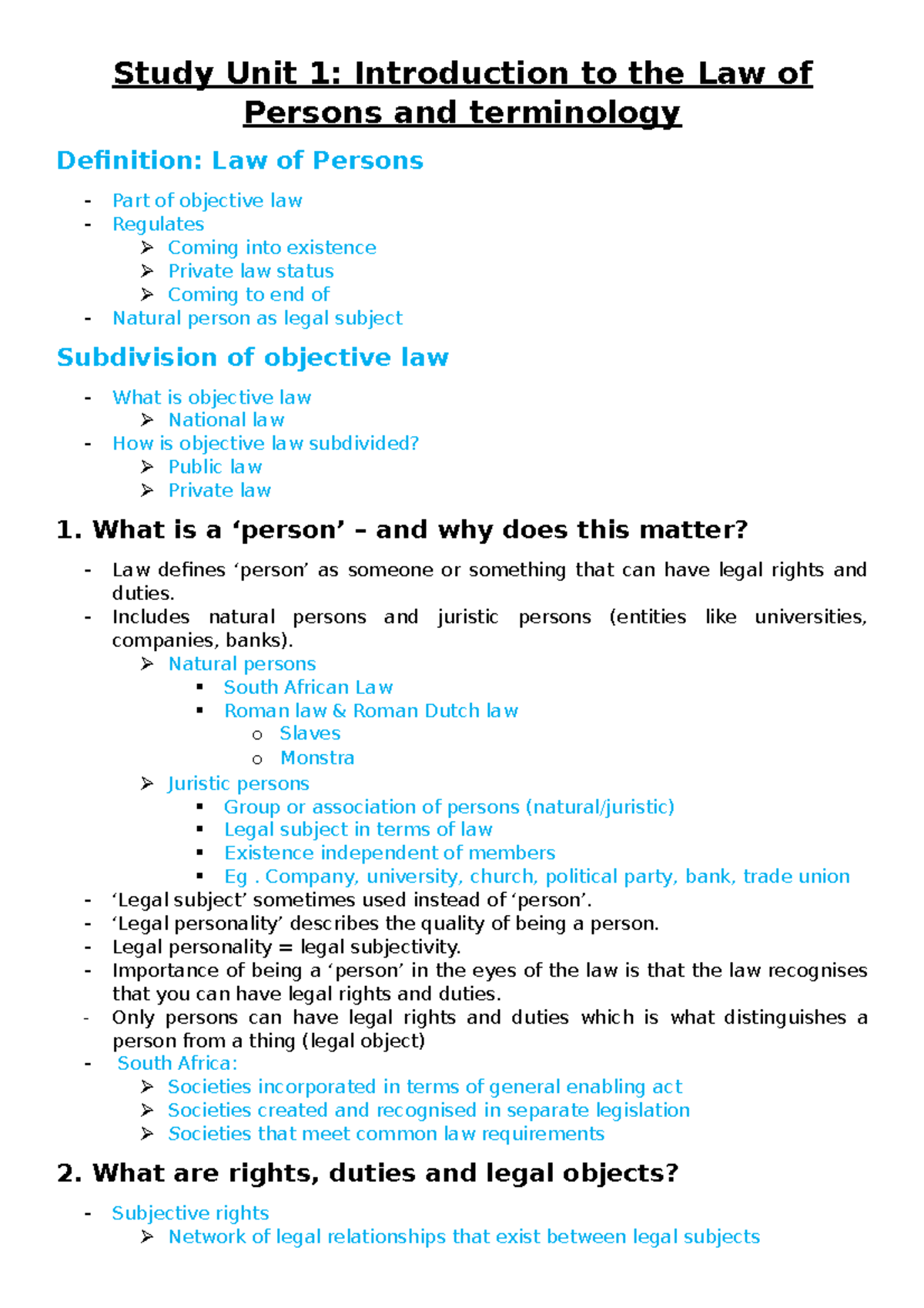 Law of Persons notes - Study Unit 1: Introduction to the Law of Persons ...