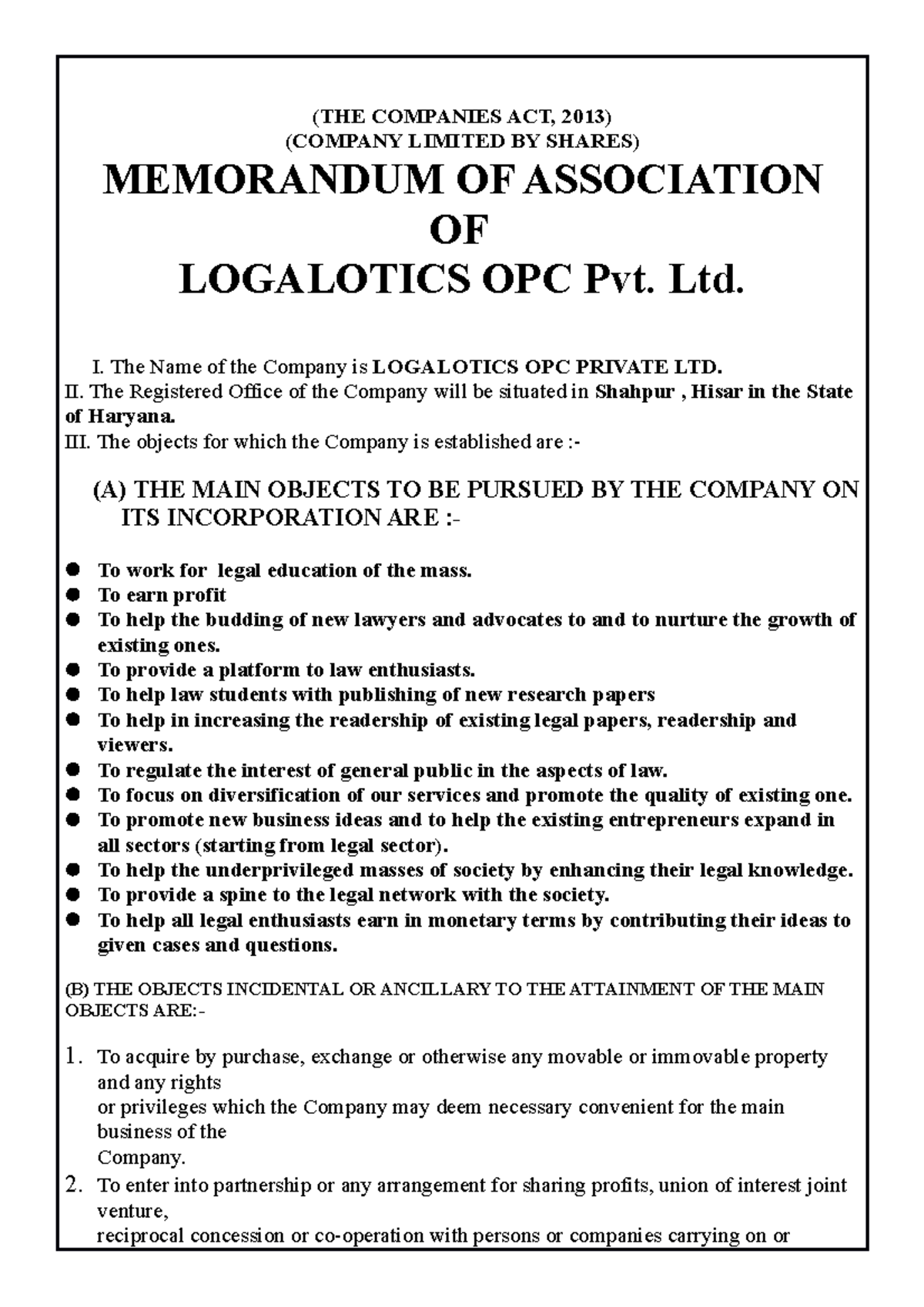 Moa 1 - (THE COMPANIES ACT, 2013) (COMPANY LIMITED BY SHARES ...