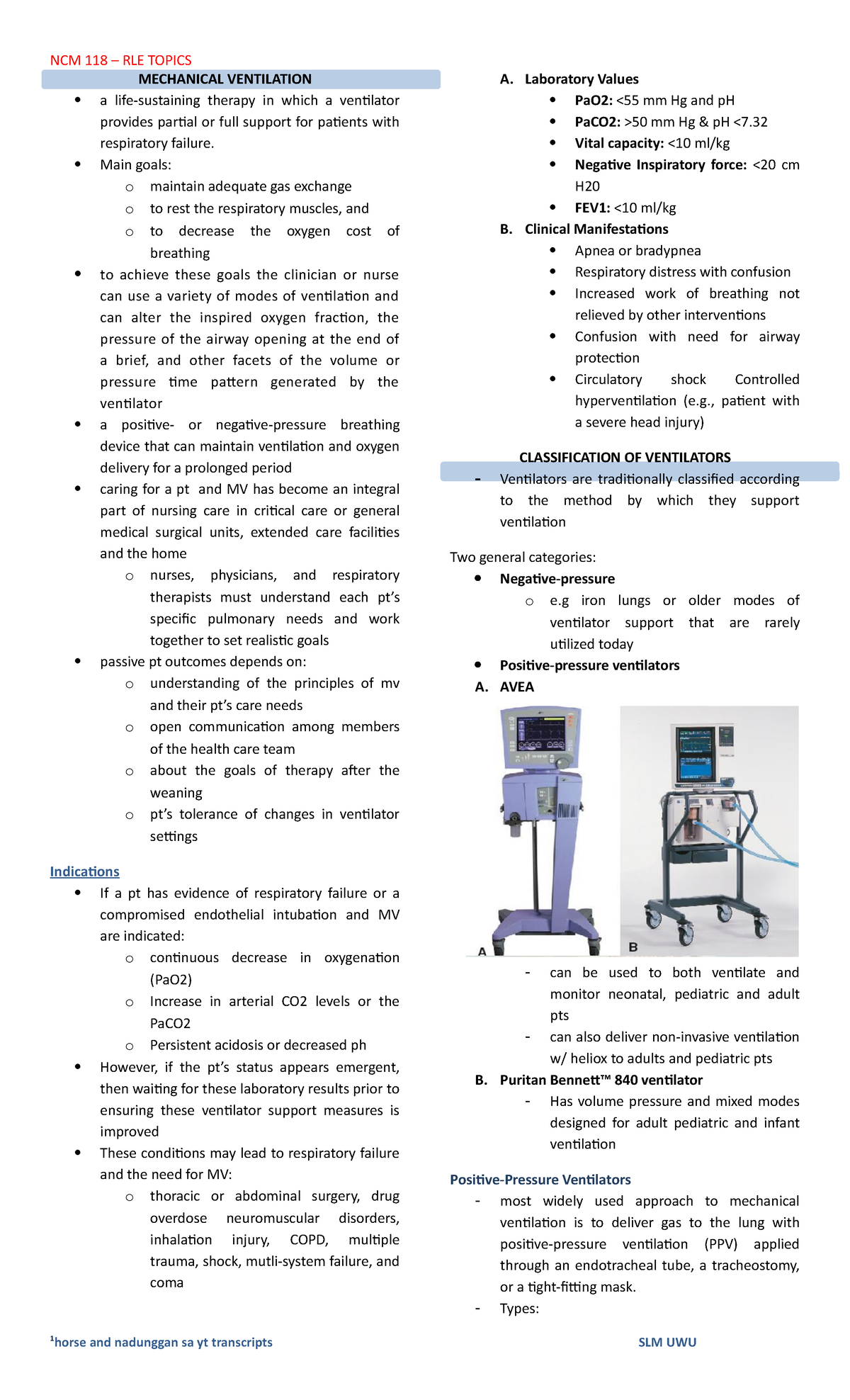 NCM 118 RLE - Mechanical Ventilation - Medical Surgical - Xavier - Studocu