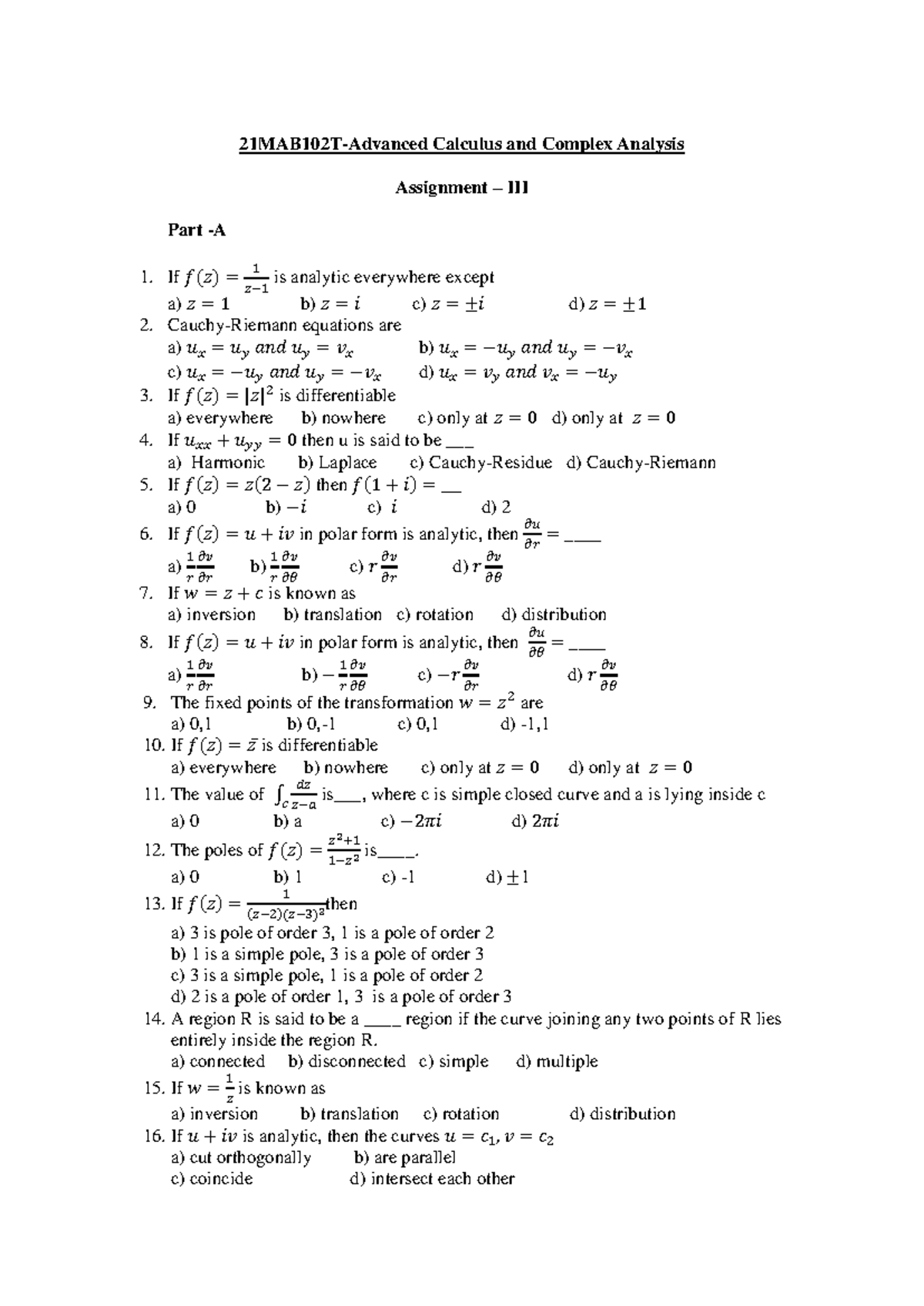 21MAB102T Assignment III - 21MAB102T-Advanced Calculus and Complex Analysis Assignment – III ...