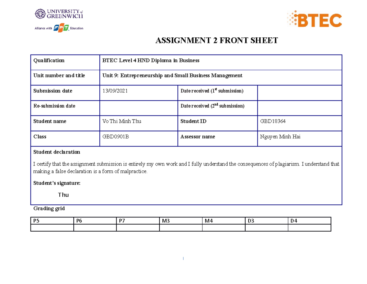 495 Assignment 2 - Miu - ASSIGNMENT 2 FRONT SHEET Qualification BTEC Level 4 HND Diploma in ...