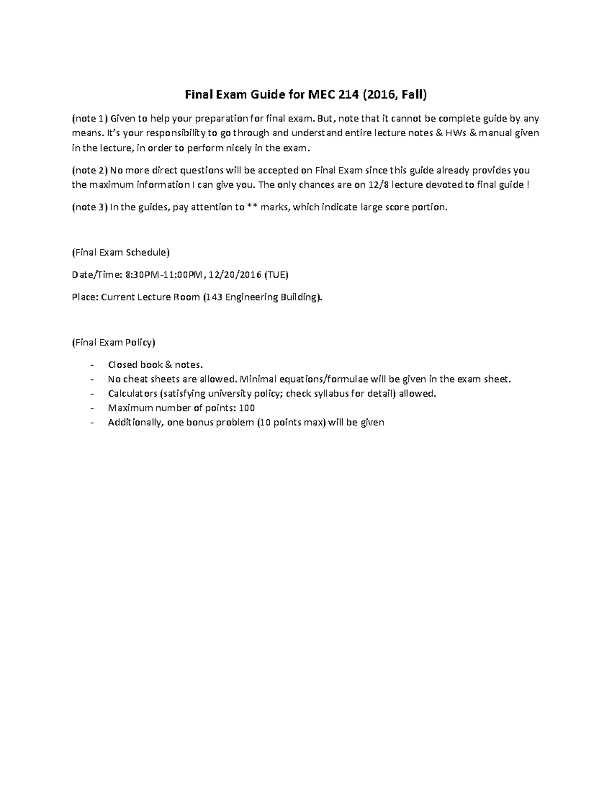 Final Guide - Final Exam Guide for MEC 214 (2016, Fall) (note 1) Given ...