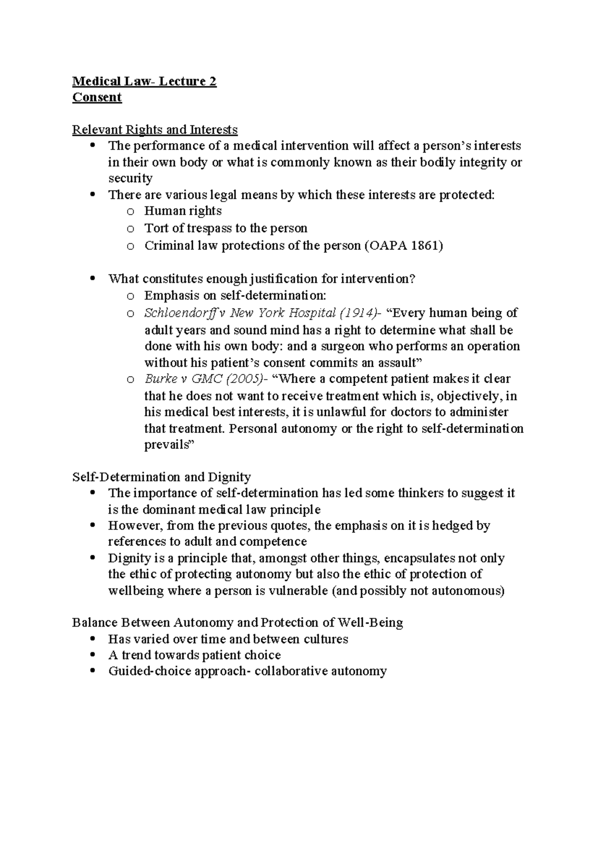 Lecture 2- Intro to Consent - Medical Law- Lecture 2 Consent Relevant ...
