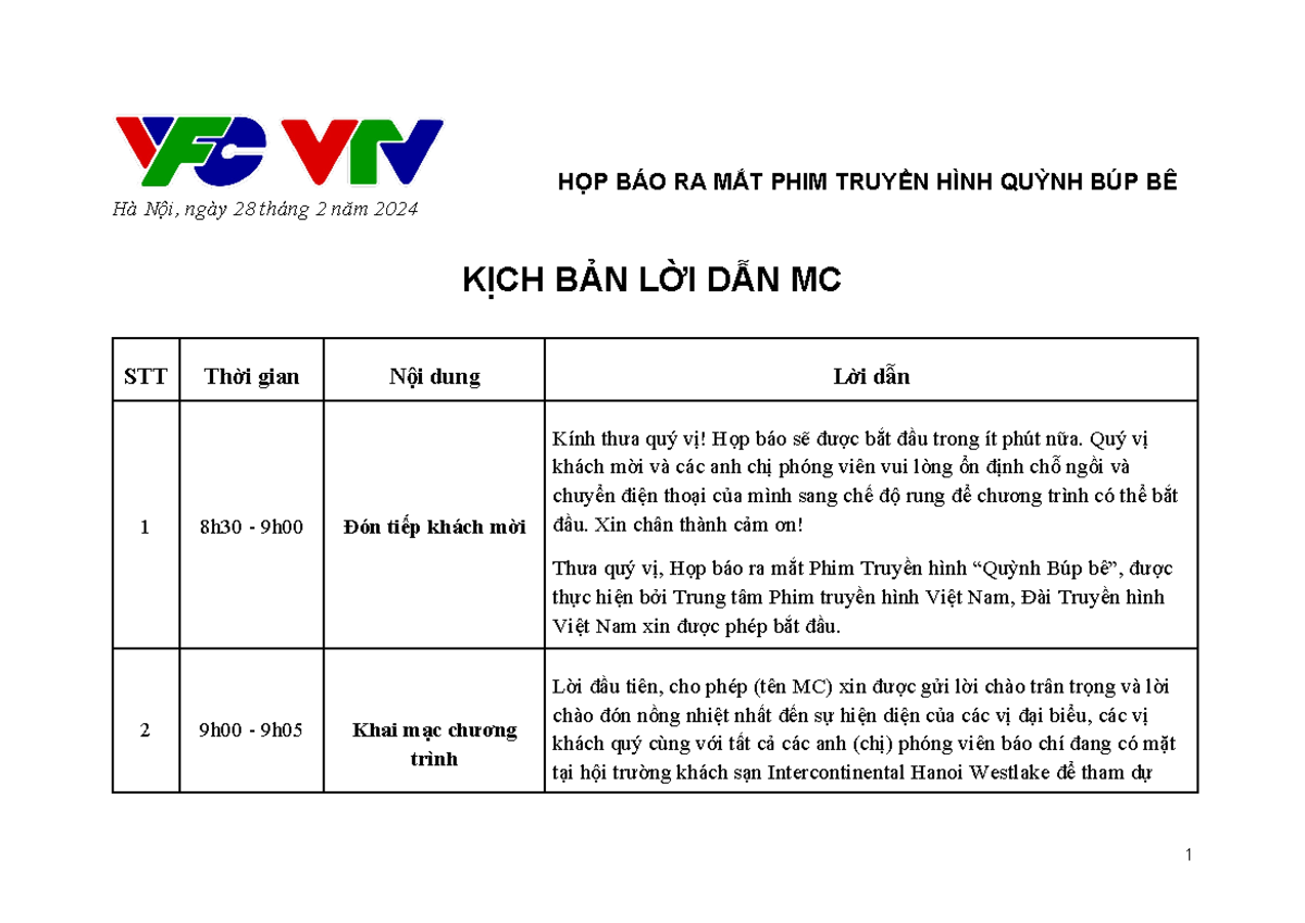 Kịch bản MC - Kịch bản MC buổi họp báo ra mắt Phim Truyền hình Quỳnh búp bê - HỌP BÁO RA MẮT ...