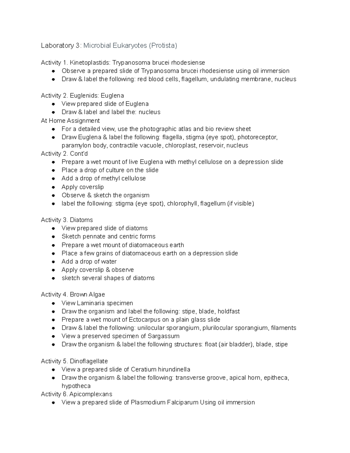 Pre Lab Microbial - Laboratory 3: Microbial Eukaryotes (Protista ...