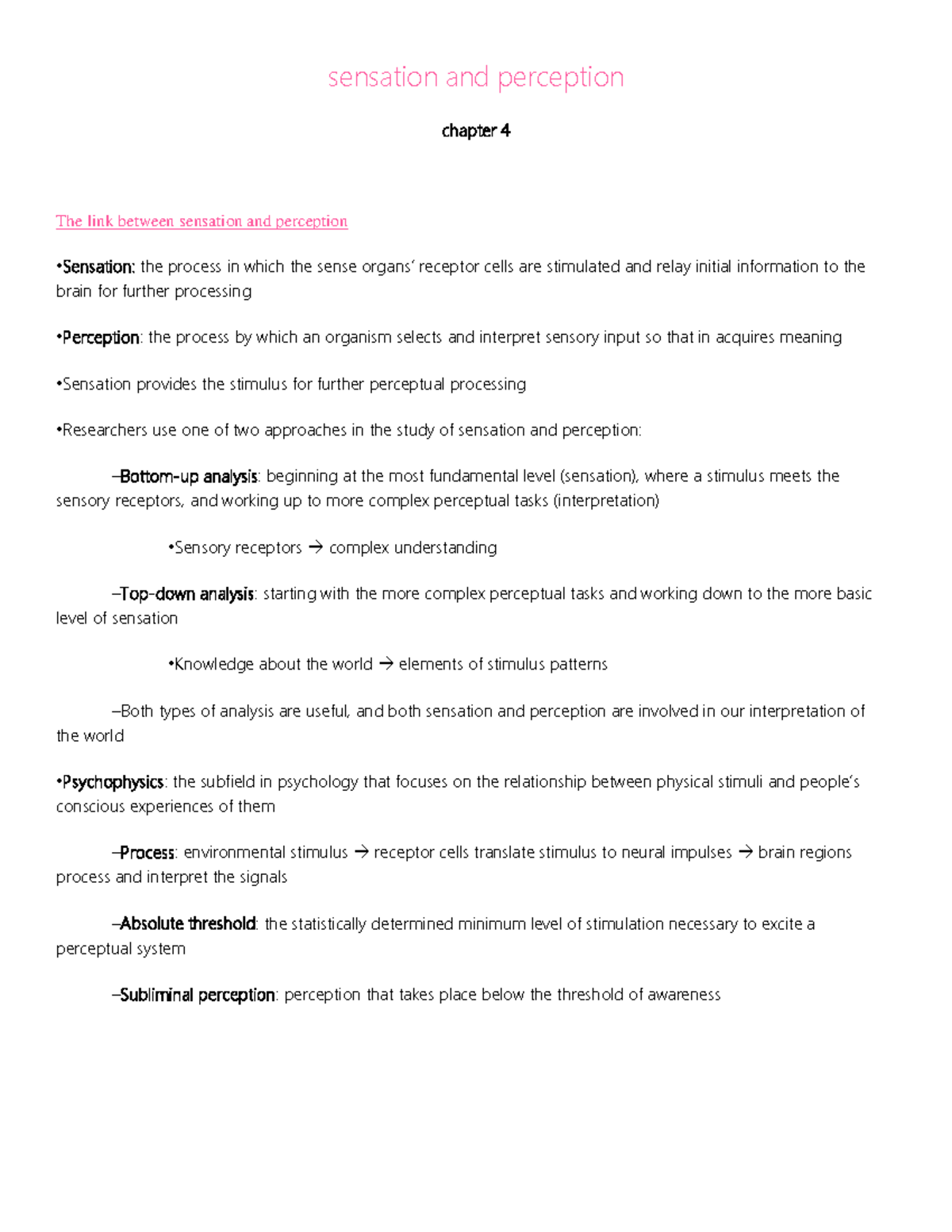 Psychology ^F chp. 4 - Chapter 4: Sensation and Perception - sensation and perception chapter 4 ...