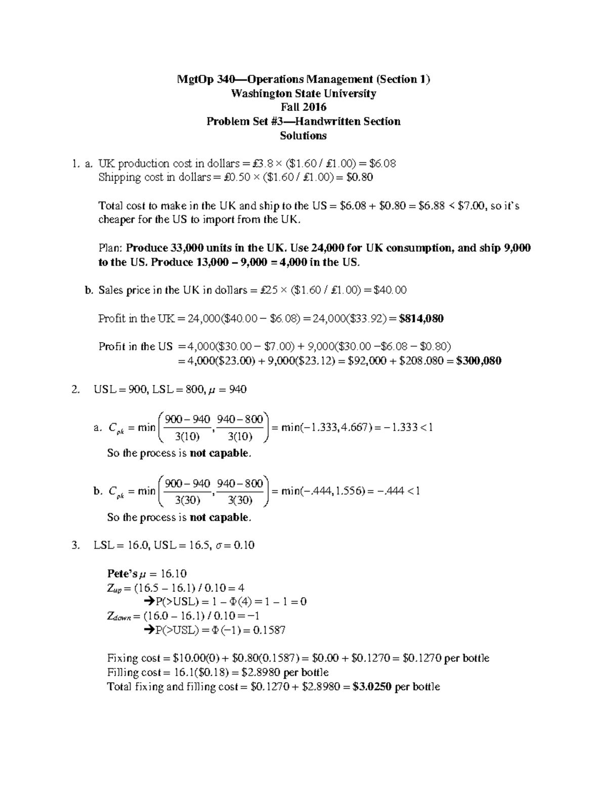 Solutions - Problem Set 3 - MgtOp 340—Operations Management (Section 1 ...