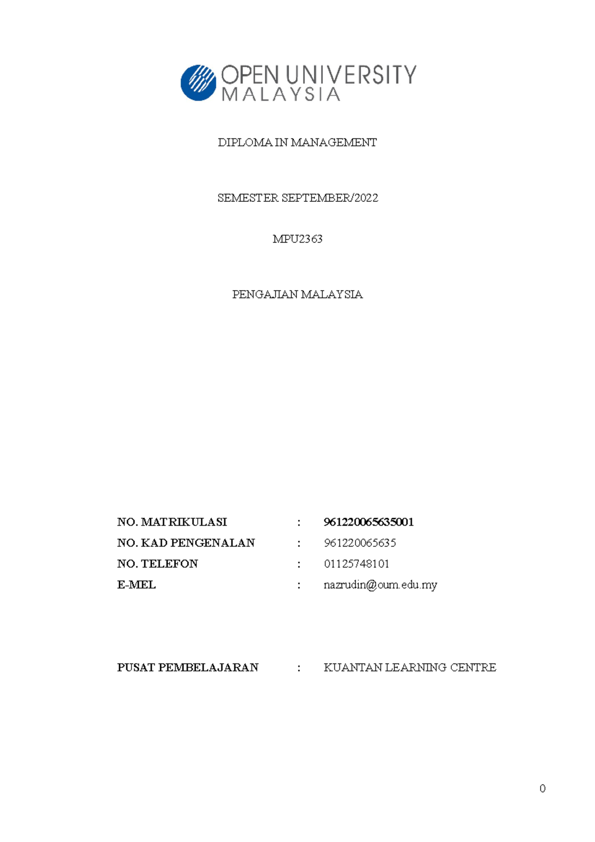 MPU 2363 Nazrudin NA'IM Assignment - DIPLOMA IN MANAGEMENT SEMESTER SEPTEMBER/ MPU PENGAJIAN ...