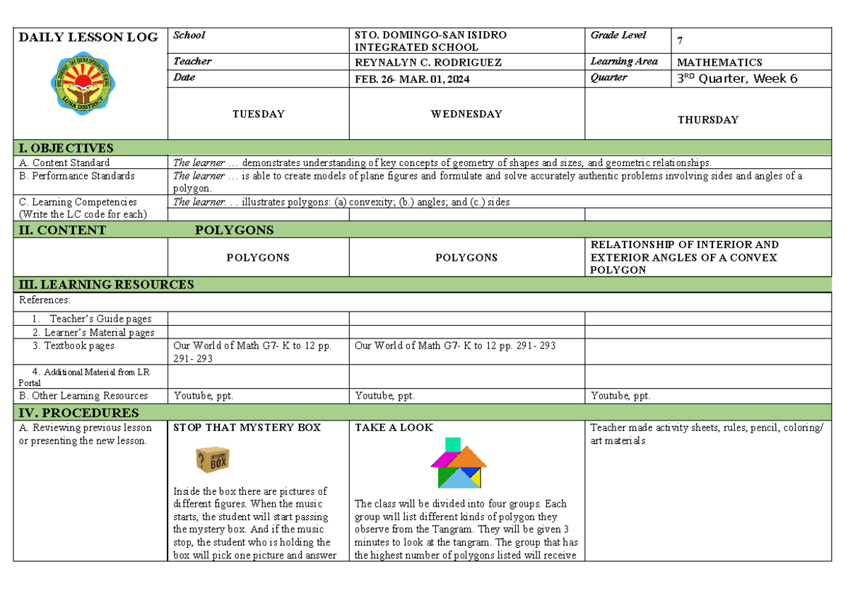 MAT H 7 Q3 WEEK 5 - dll in math 7 q3 - DAILY LESSON LOG School STO ...
