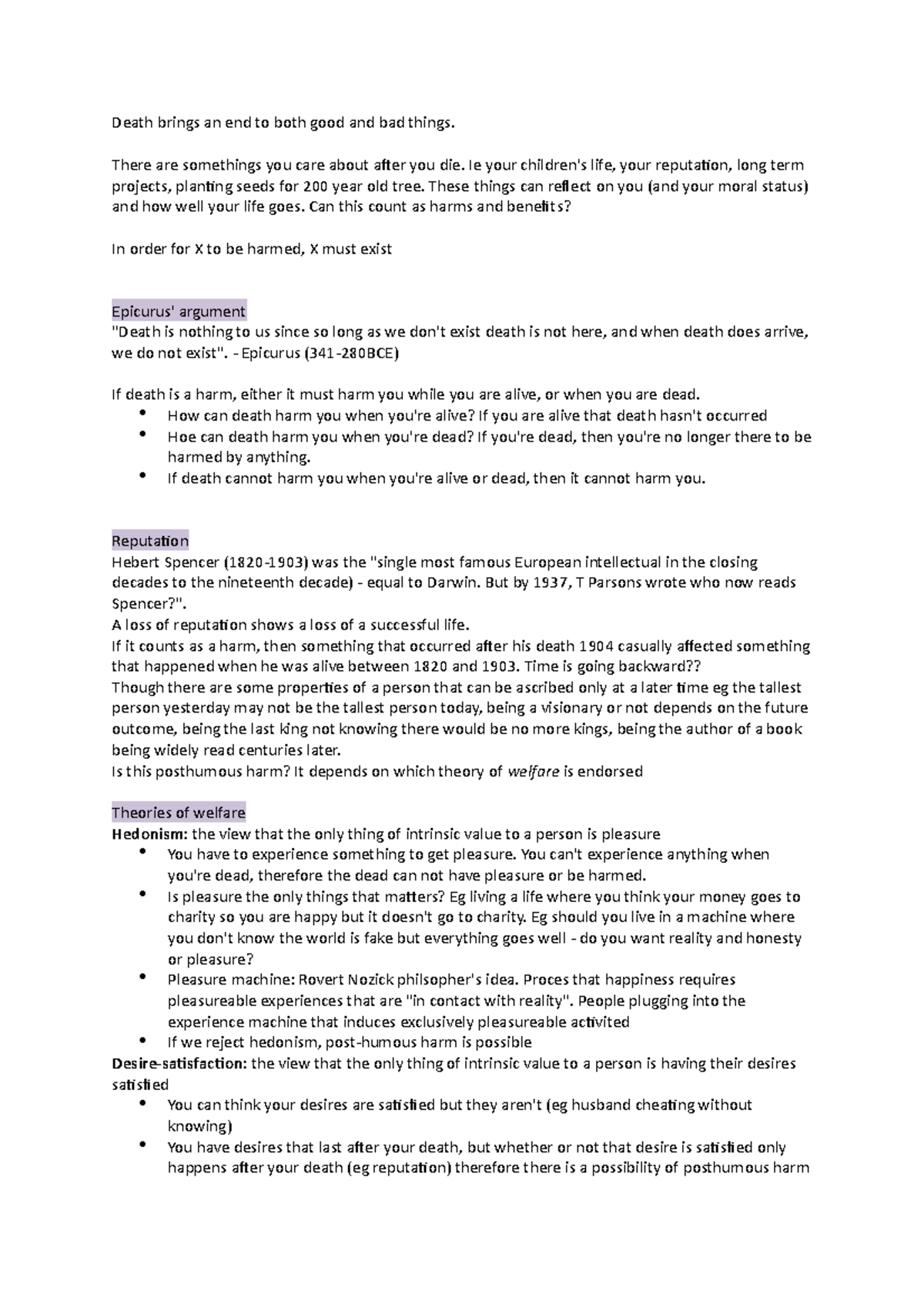 PHIL105 posthumous harm notes - Death brings an end to both good and ...