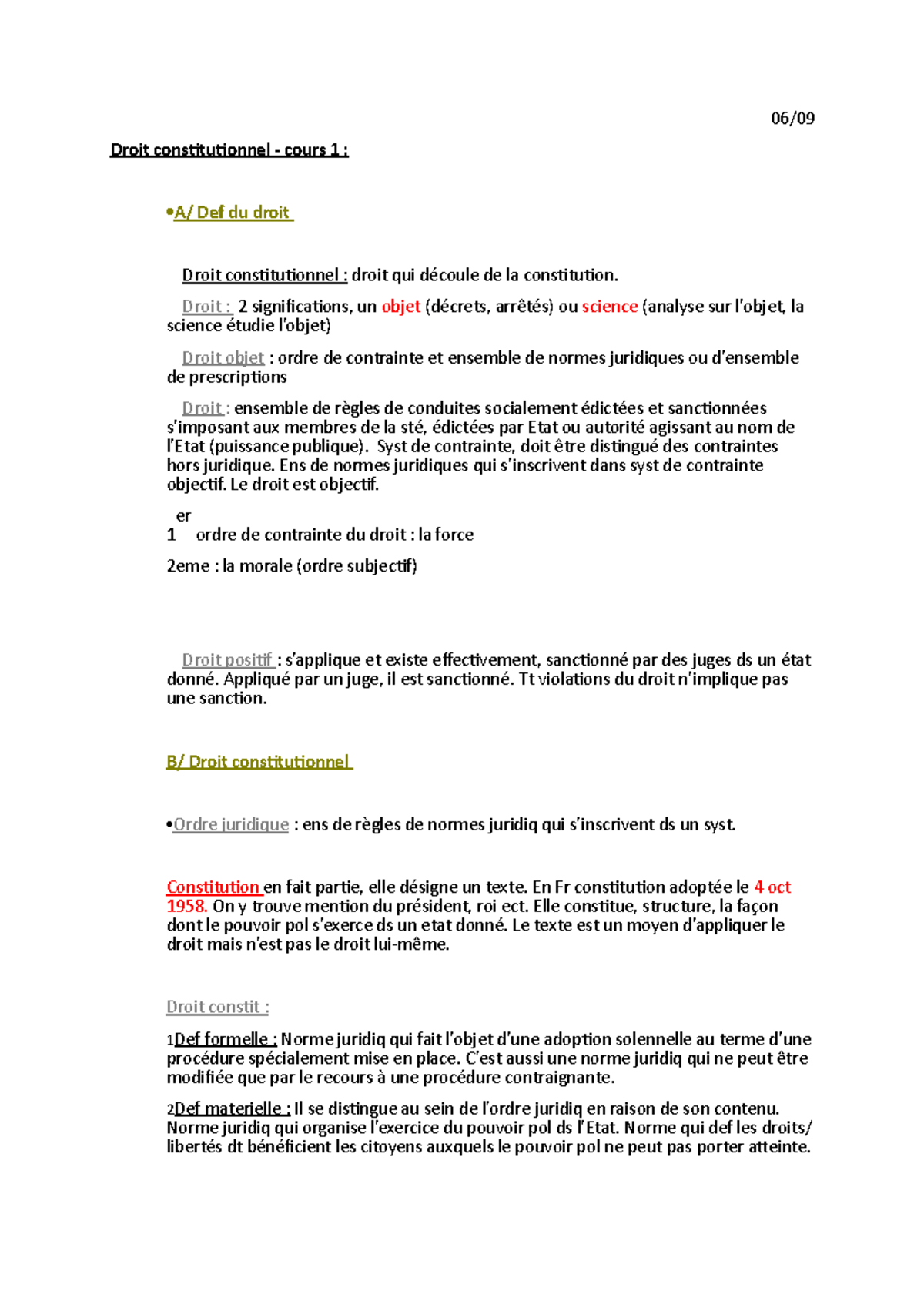 Part 1 chap 1 droit consit - 06/ Droit constitutionnel - cours 1 : ·A ...