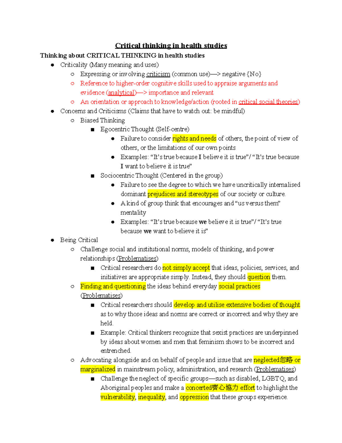 Lecture 1 Critical thinking in health studies - Critical thinking in ...