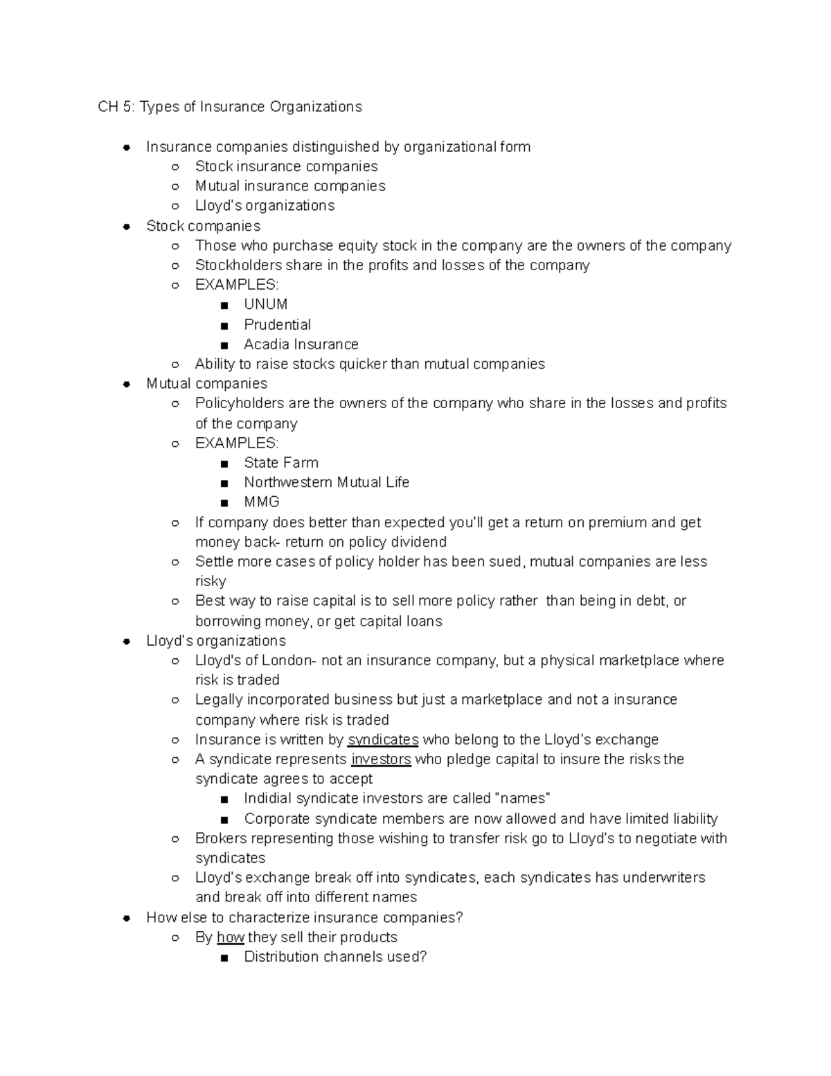 RMI 320- WEEK 4 Notes-2 - types of insurance organizations - CH 5 ...