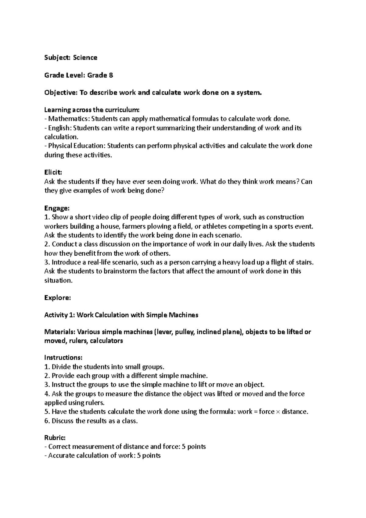 Lesson plan - science - Subject: Science Grade Level: Grade 8 Objective ...